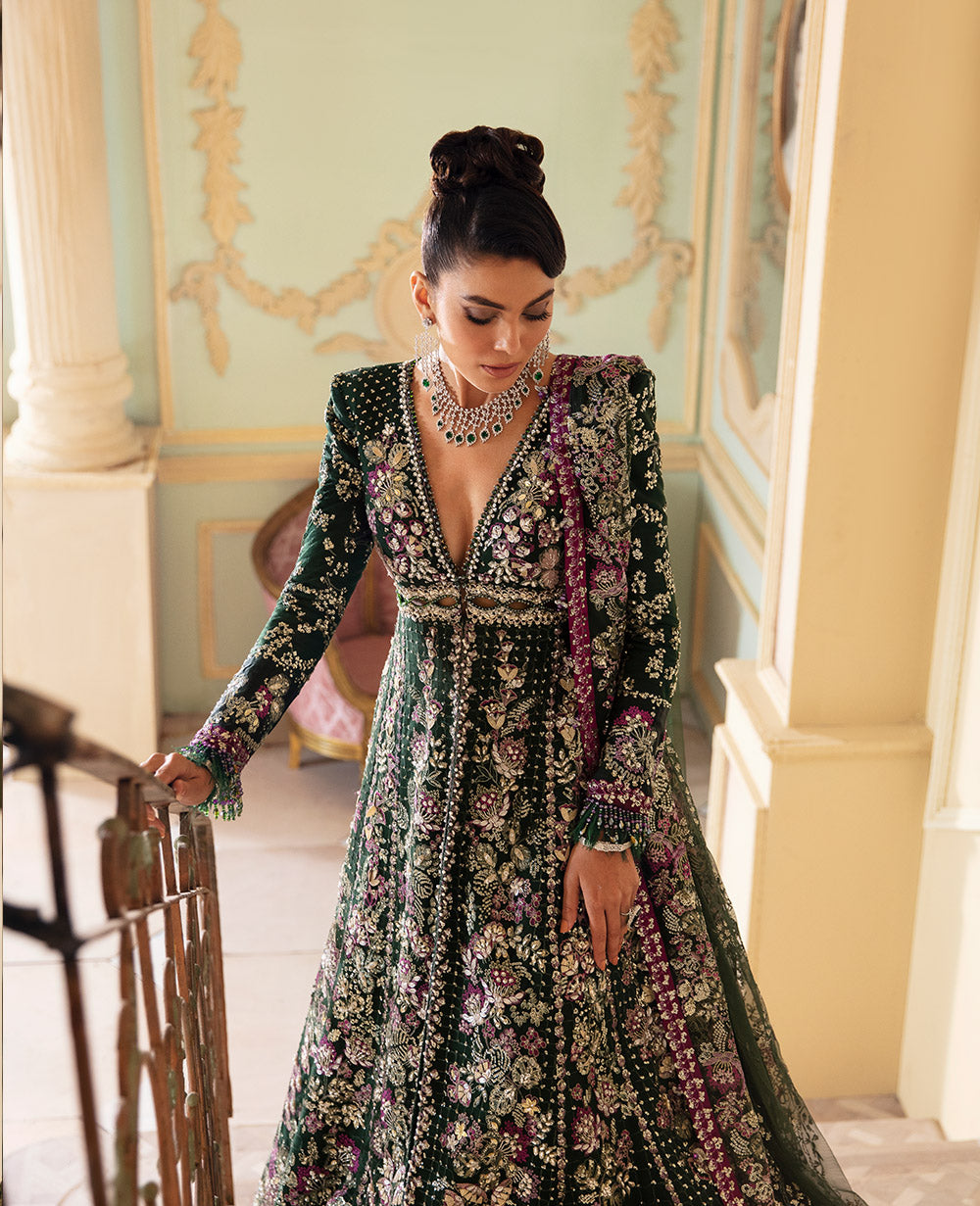 Embellished Green Pishwas Frock Pakistani Wedding Dress – Nameera by Farooq