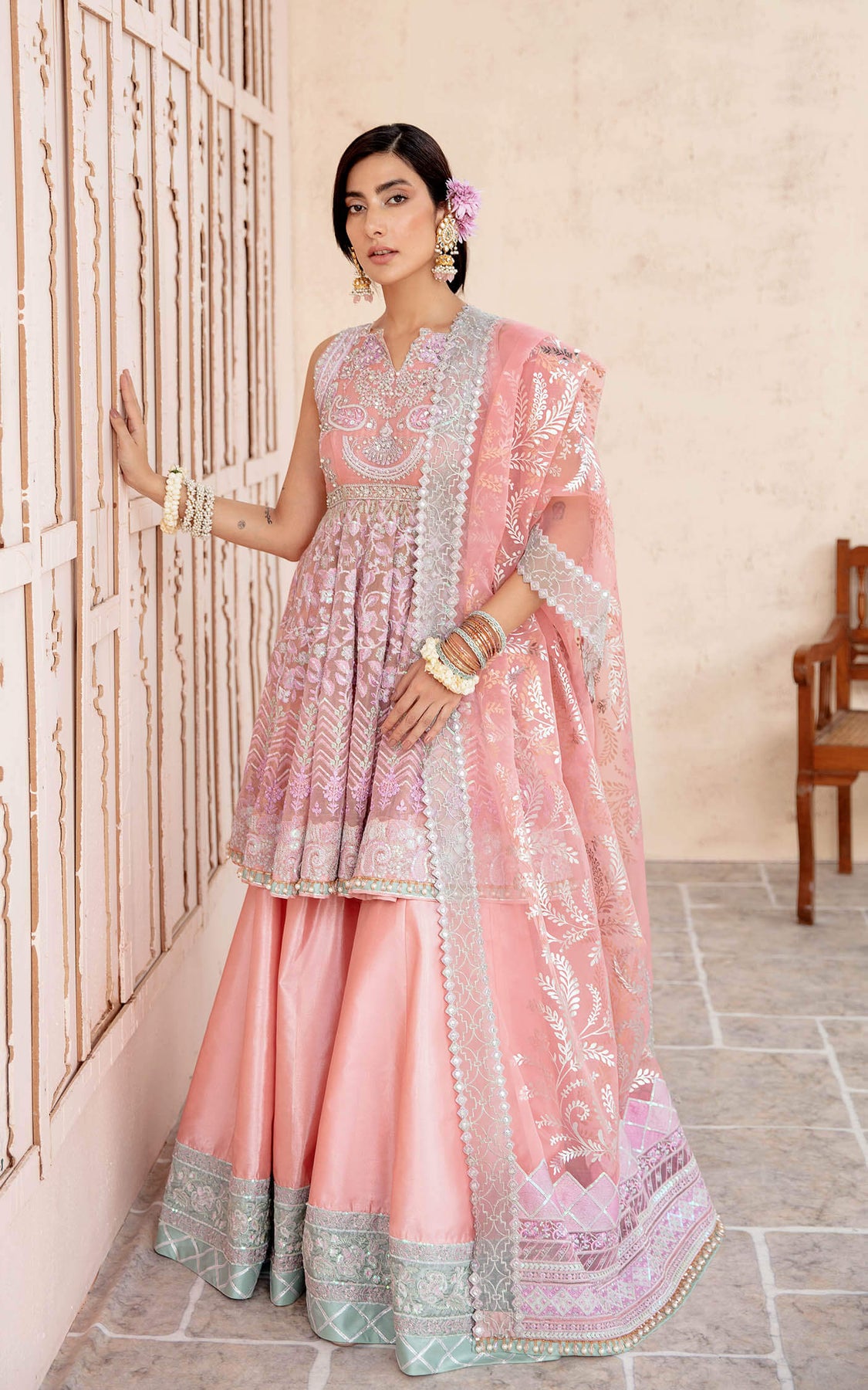 Embroidered Pink Pakistani Party Dress in Pishwas Style – Nameera by Farooq