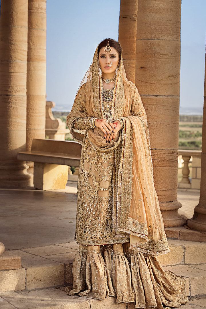 Golden Pakistani Bridal Dress in Gharara Kameez Style – Nameera by Farooq
