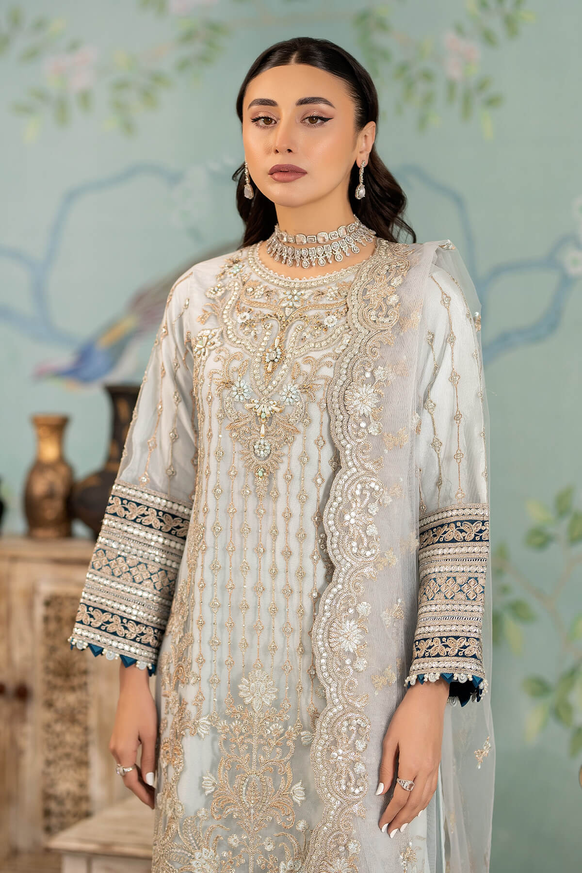 Net Kameez and Raw Silk Trouser Pakistani Party Dress – Nameera by Farooq