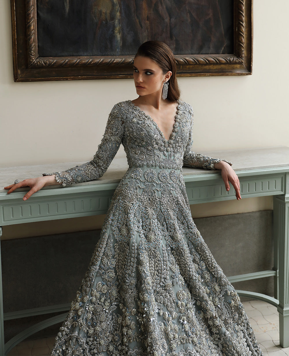 Pakistani Bridal Dress in Blue Grey Gown Dupatta Style – Nameera by Farooq