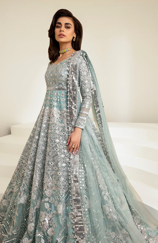 Classic Pakistani Bridal Dress in Blue Pishwas Style – Nameera by Farooq