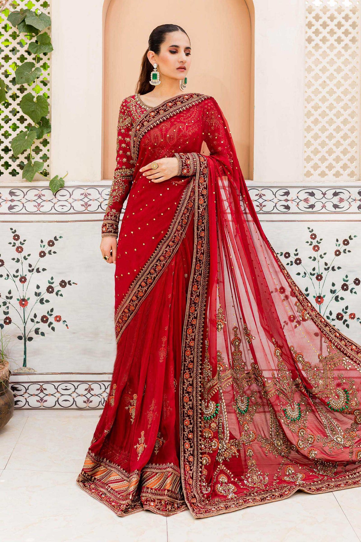 Royal Pakistani Bridal Dress in Deep Red Saree Style – Nameera by Farooq