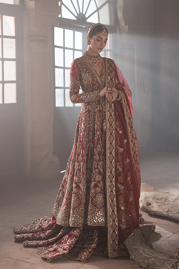Pakistani Bridal Dress in Farshi Lehenga Gown Style – Nameera by Farooq