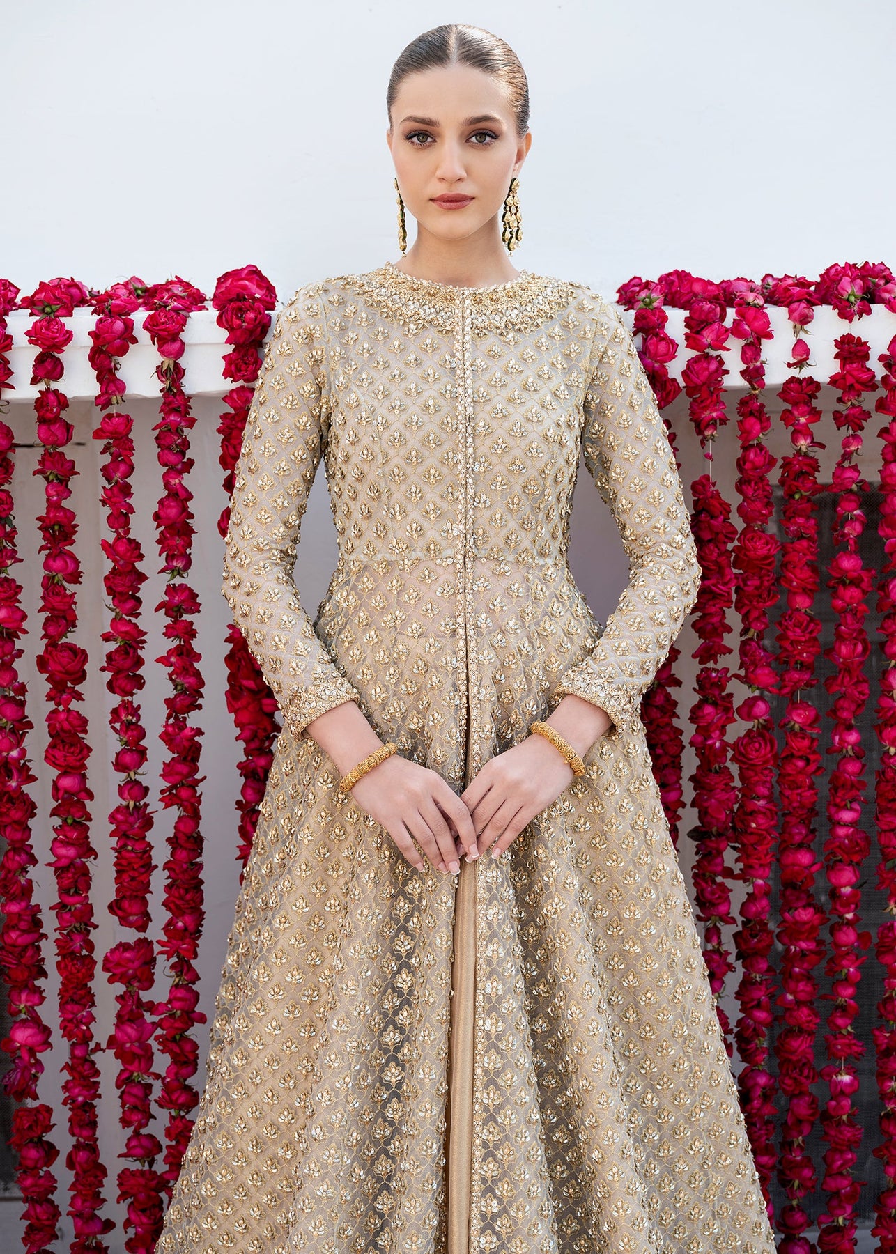 Pakistani Bridal Dress in Open Gown and Lehenga Style – Nameera by Farooq