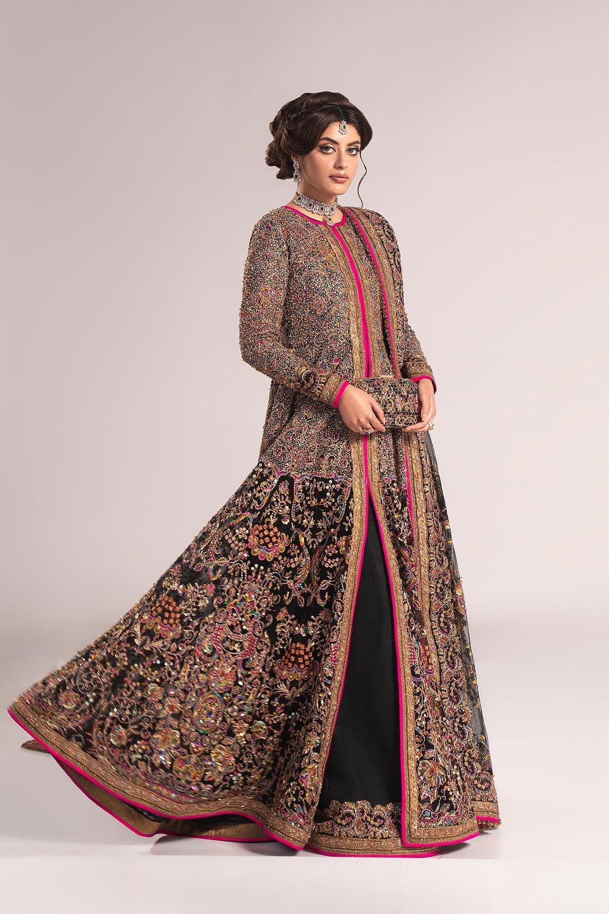 Classic Pakistani Bridal Dress in Open Pishwas Style – Nameera by Farooq