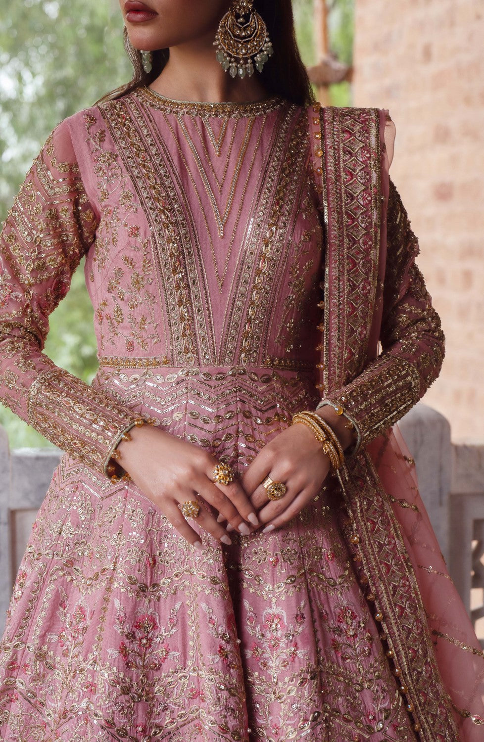 Pakistani Bridal Dress in Rose Pink Pishwas Frock Style – Nameera by Farooq