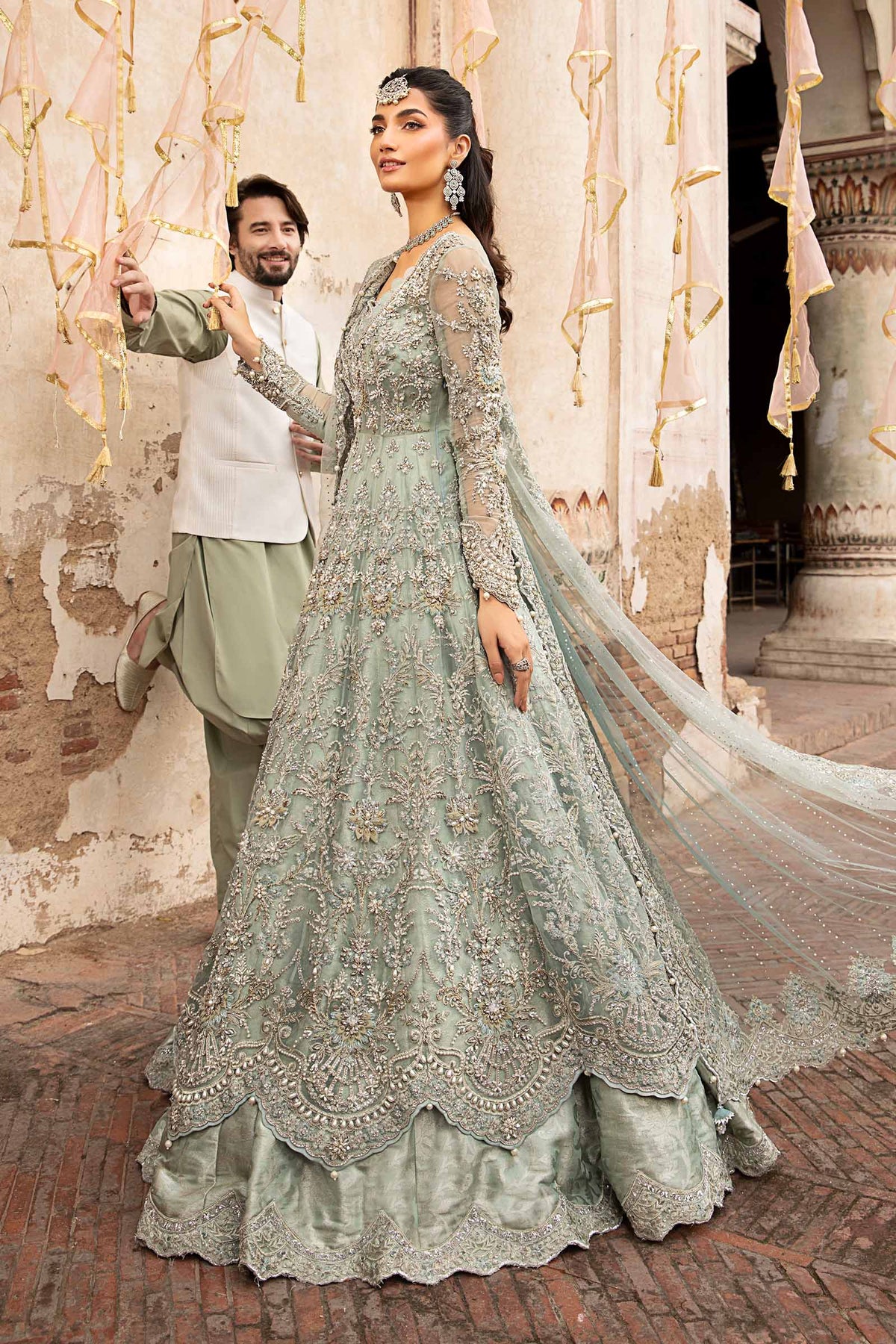 Pakistani Bridal Walima Dress in Frock Lehenga Style – Nameera by Farooq