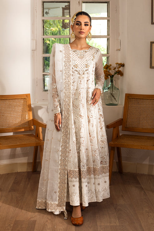 Pakistani Party Wear in White Frock and Trouser Style – Nameera by Farooq