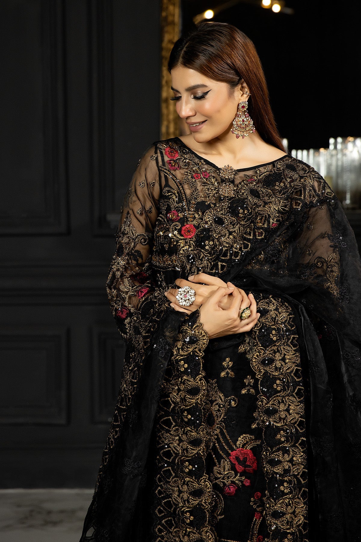 Pakistani Wedding Dress in Black Kameez Trouser Style – Nameera by Farooq