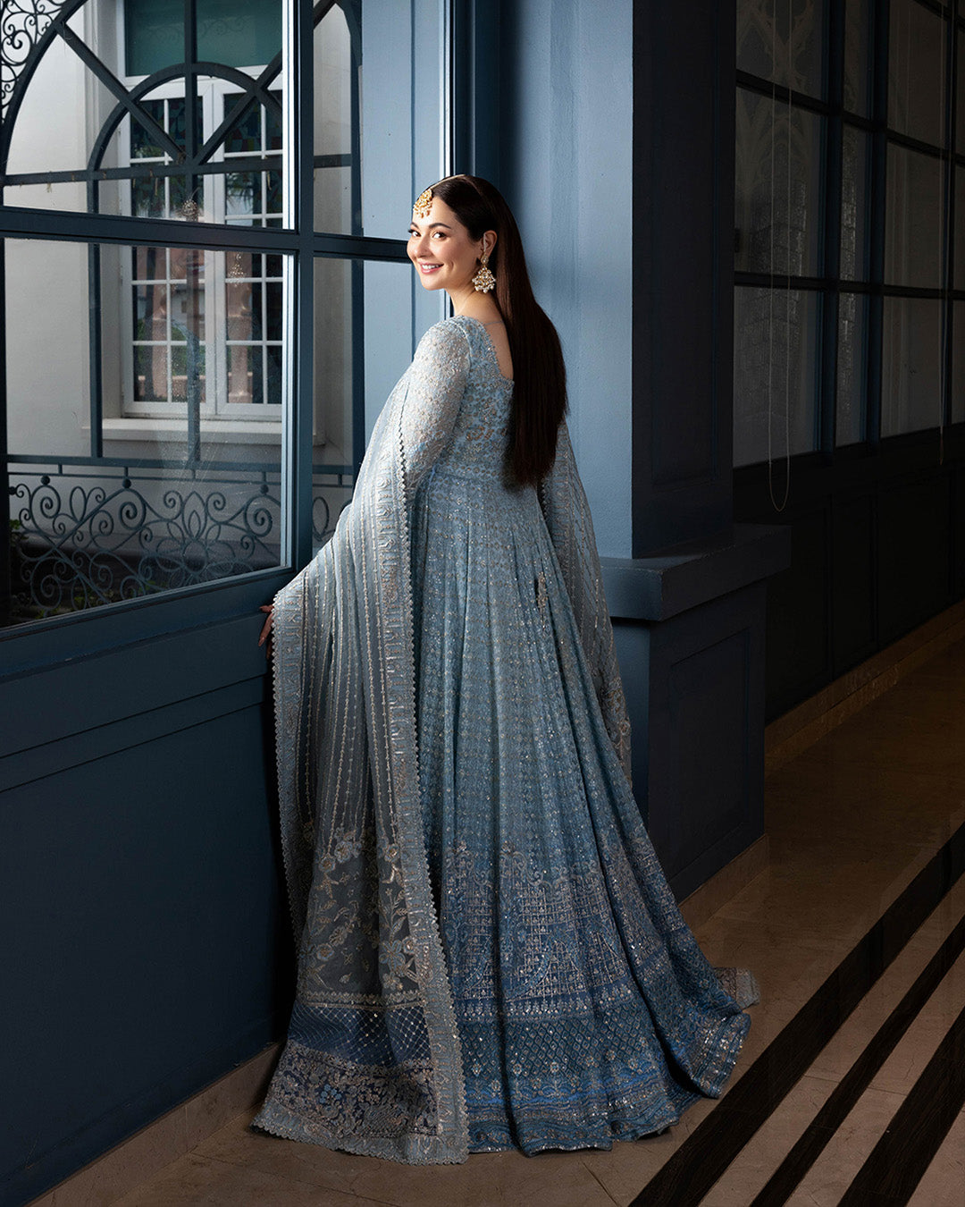 Pakistani Wedding Dress in Blue Pishwas Frock Style – Nameera by Farooq