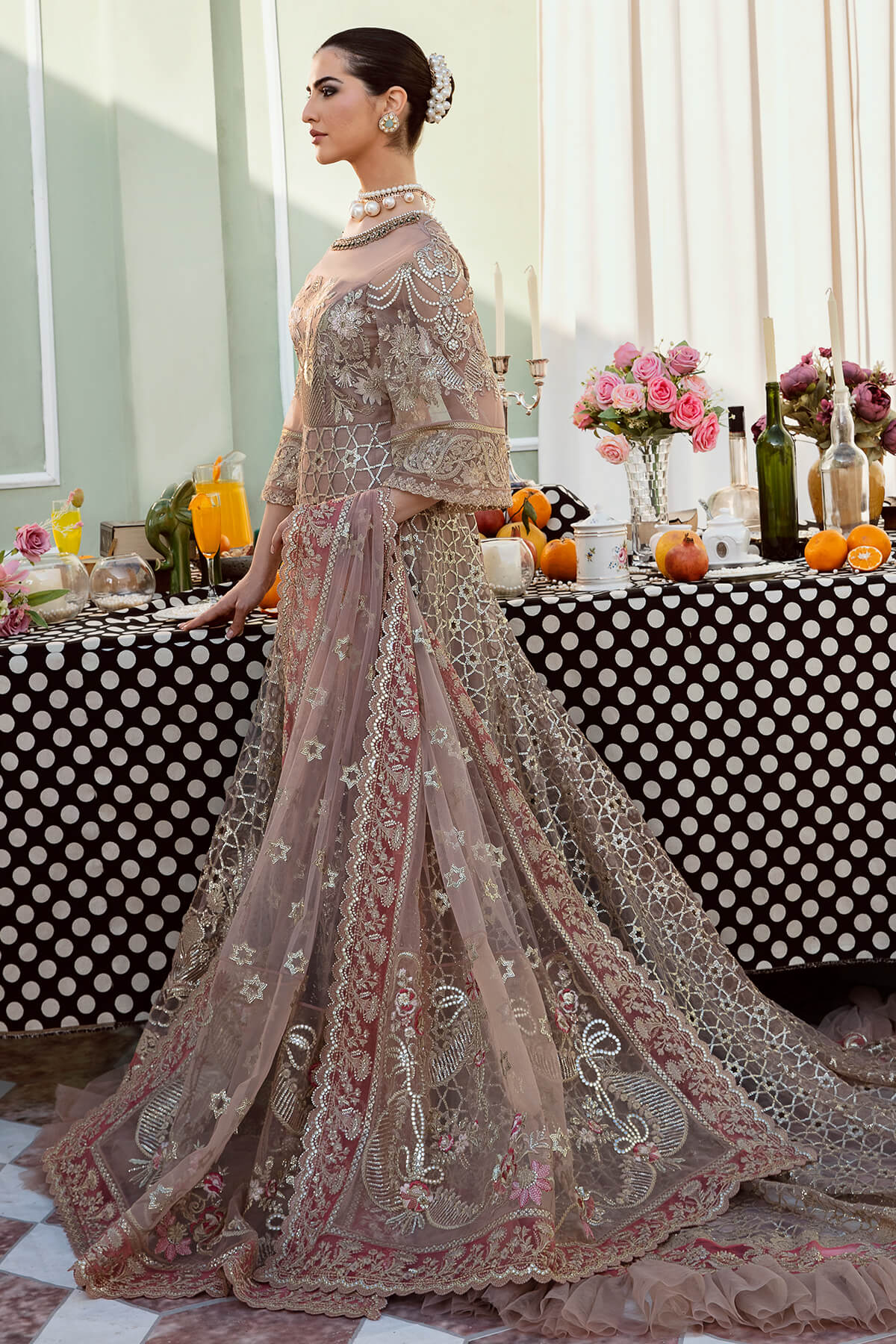 Pakistani Wedding Dress in Long Tail Pishwas Style – Nameera by Farooq