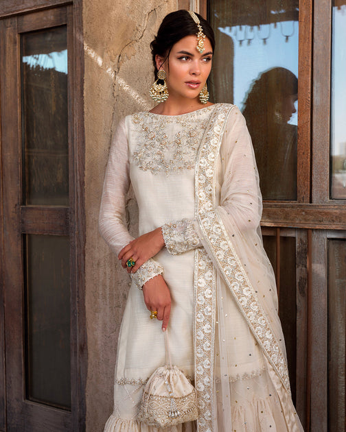 Pakistani Wedding Dress in White Gharara Kameez Style – Nameera by Farooq