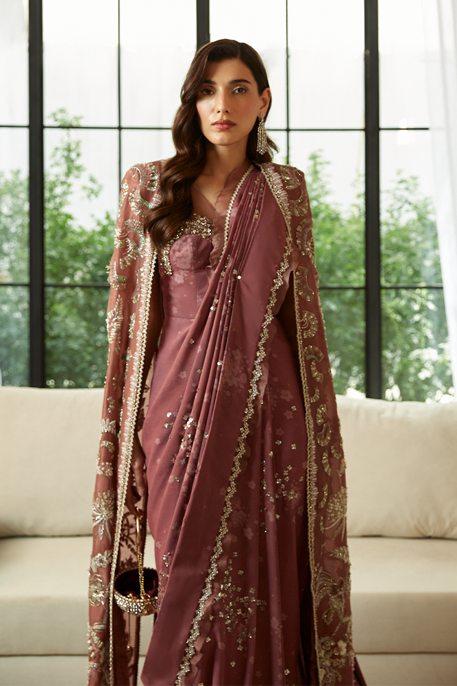 Classic Pakistani Wedding Saree with Embellished Cape – Nameera by Farooq