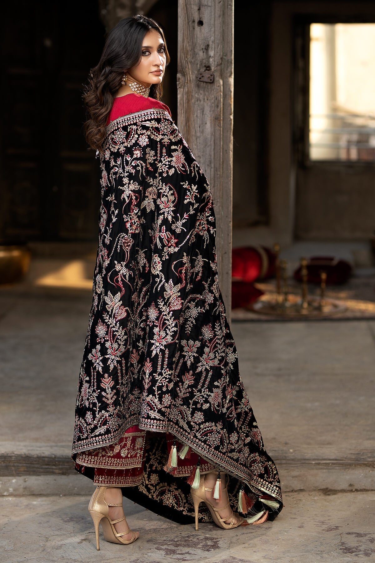 Red Luxury Velvet Black Shawl Pakistani Wedding Dress – Nameera by Farooq