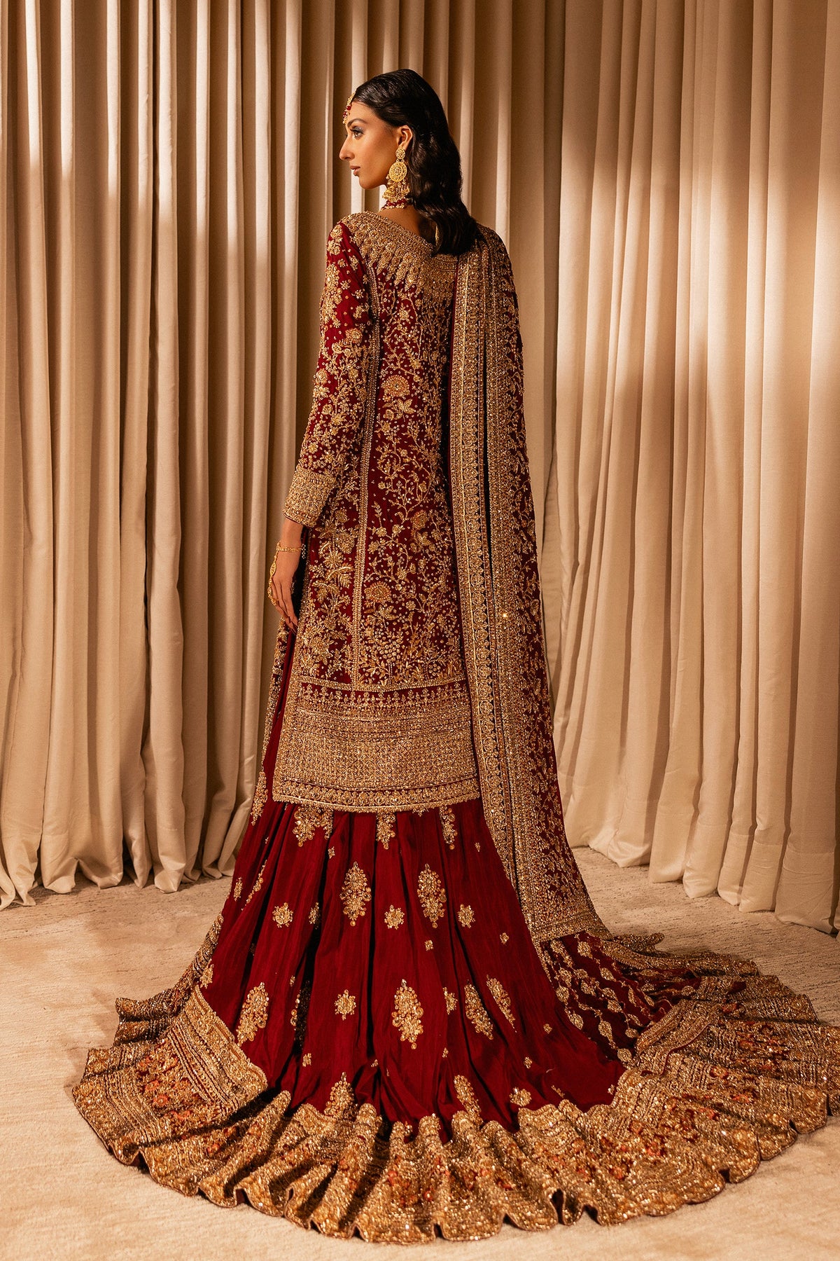 Red Pakistani Bridal Dress in Kameez and Lehenga Style – Nameera by Farooq