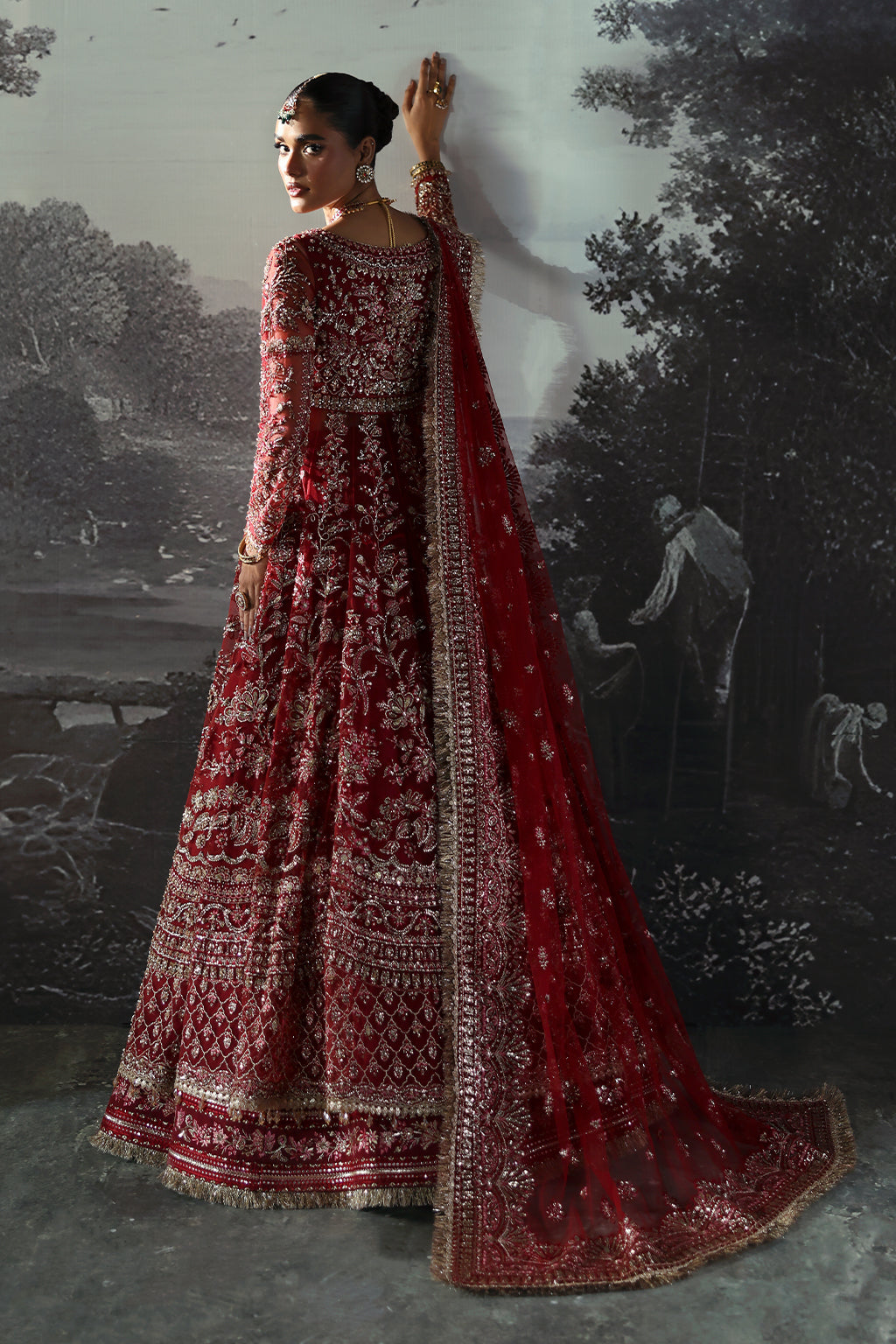Red Pakistani Bridal Dress in Peshwas and Lehenga Style – Nameera by Farooq