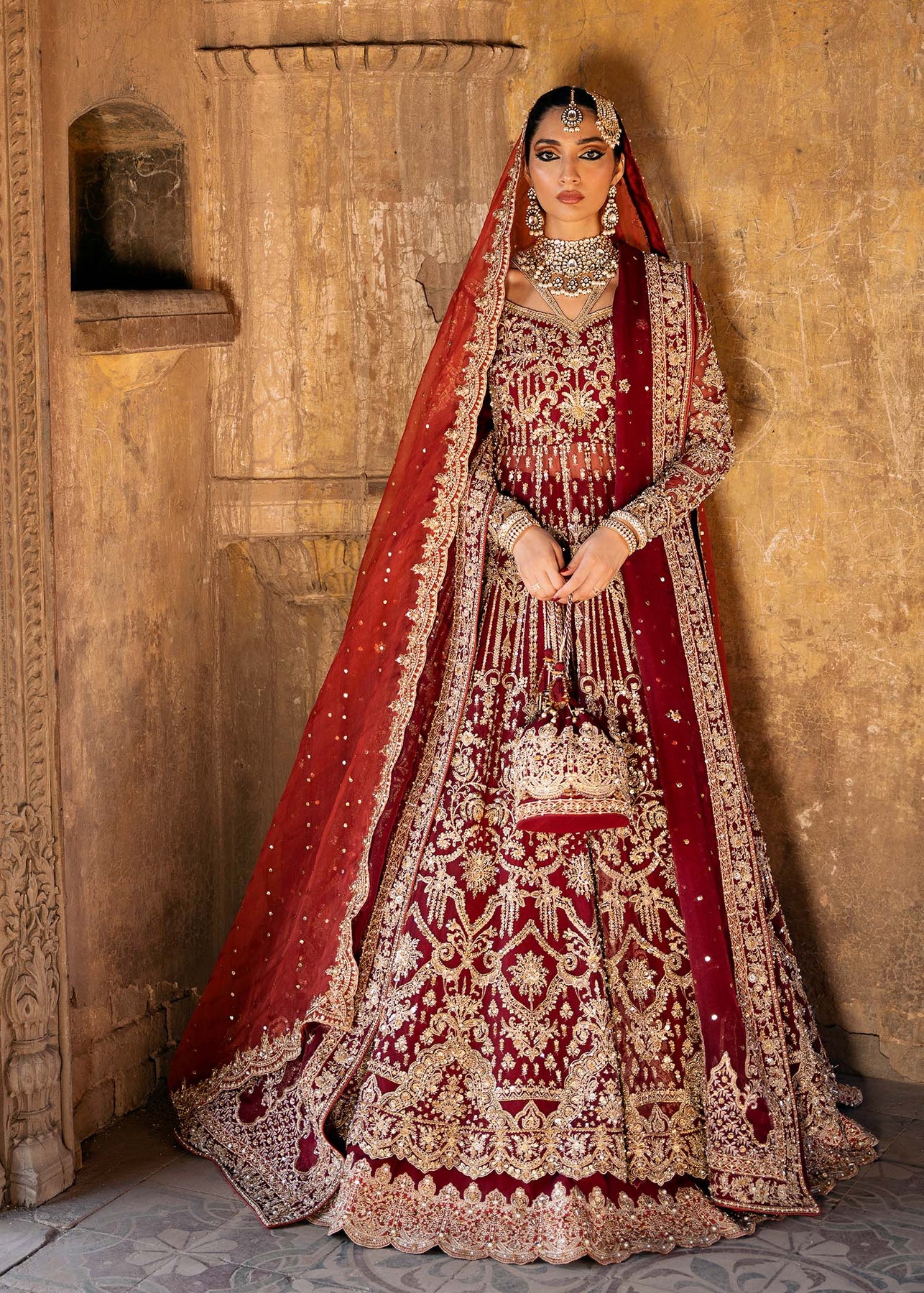 Red Pakistani Bridal Dress in Pishwas Lehenga Style – Nameera by Farooq