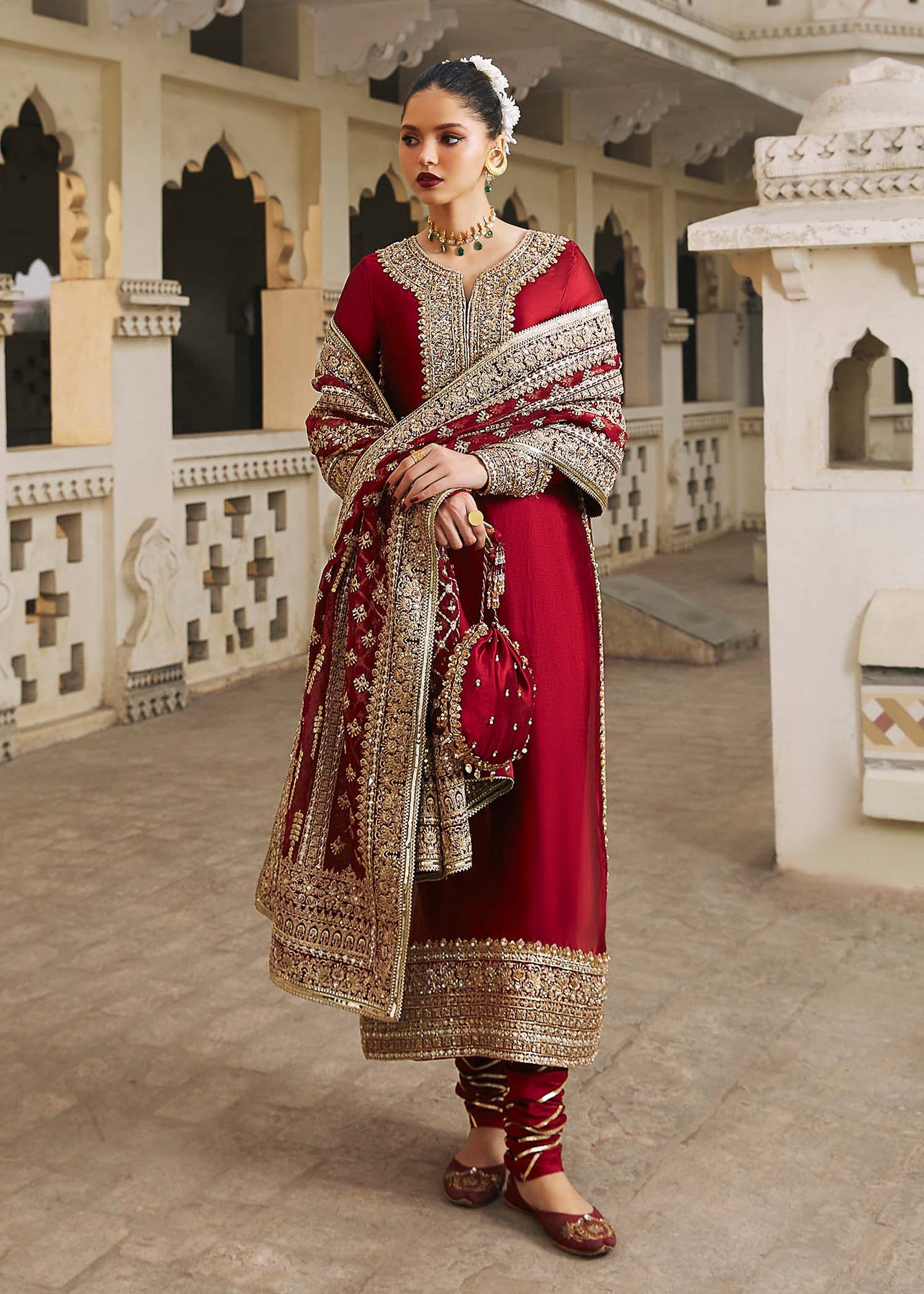 Red Pakistani Wedding Dress in Kameez Churidar Style – Nameera by Farooq