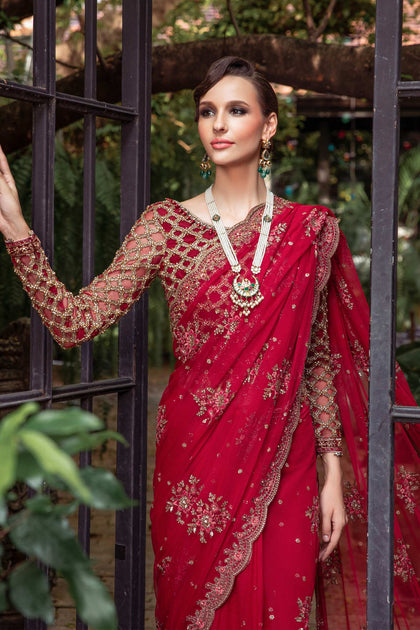 Red Pakistani Wedding Dress in Net Bridal Saree Style – Nameera by Farooq