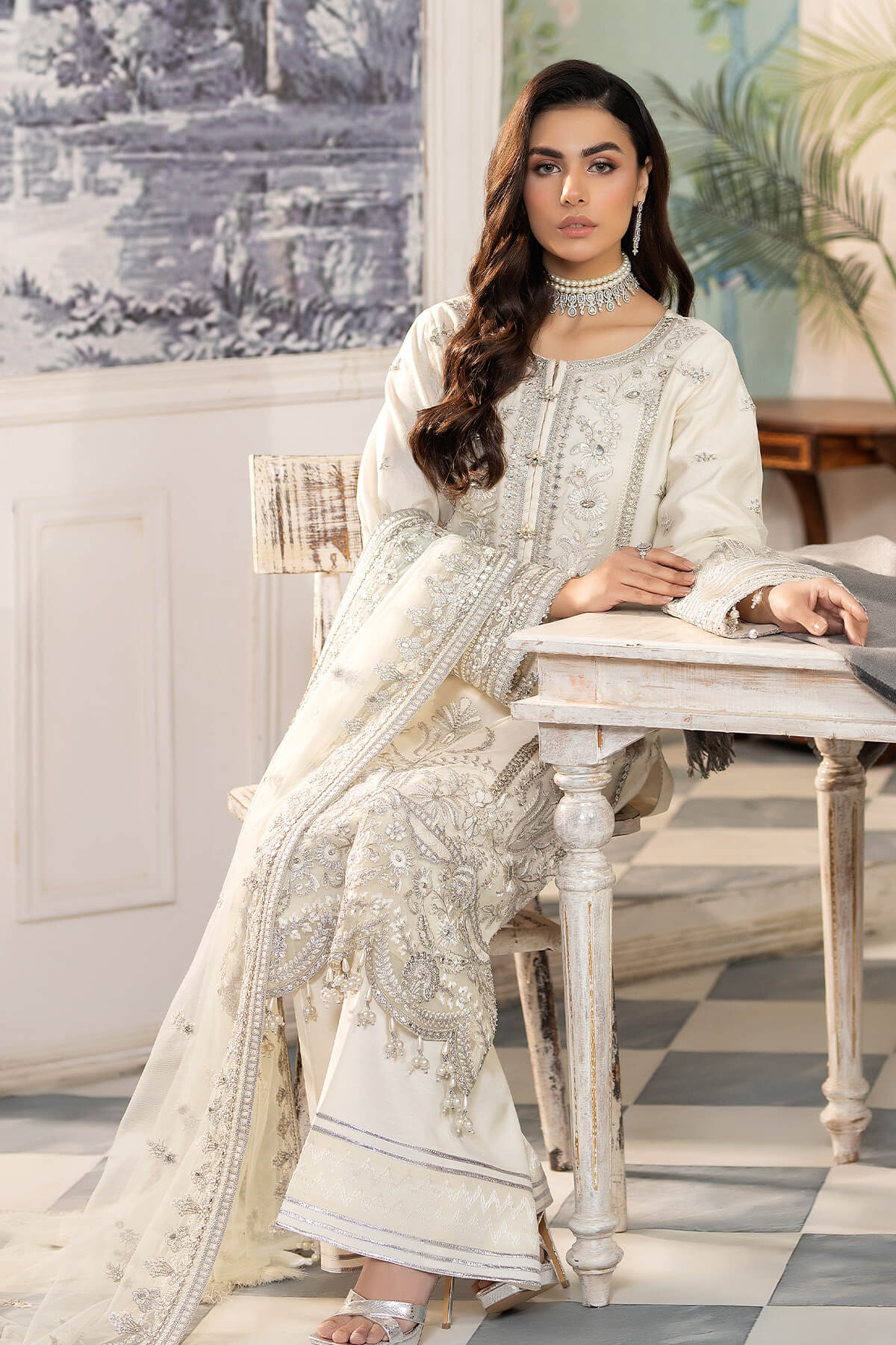 White Pakistani Party Dress in Kameez Trouser Style – Nameera by Farooq