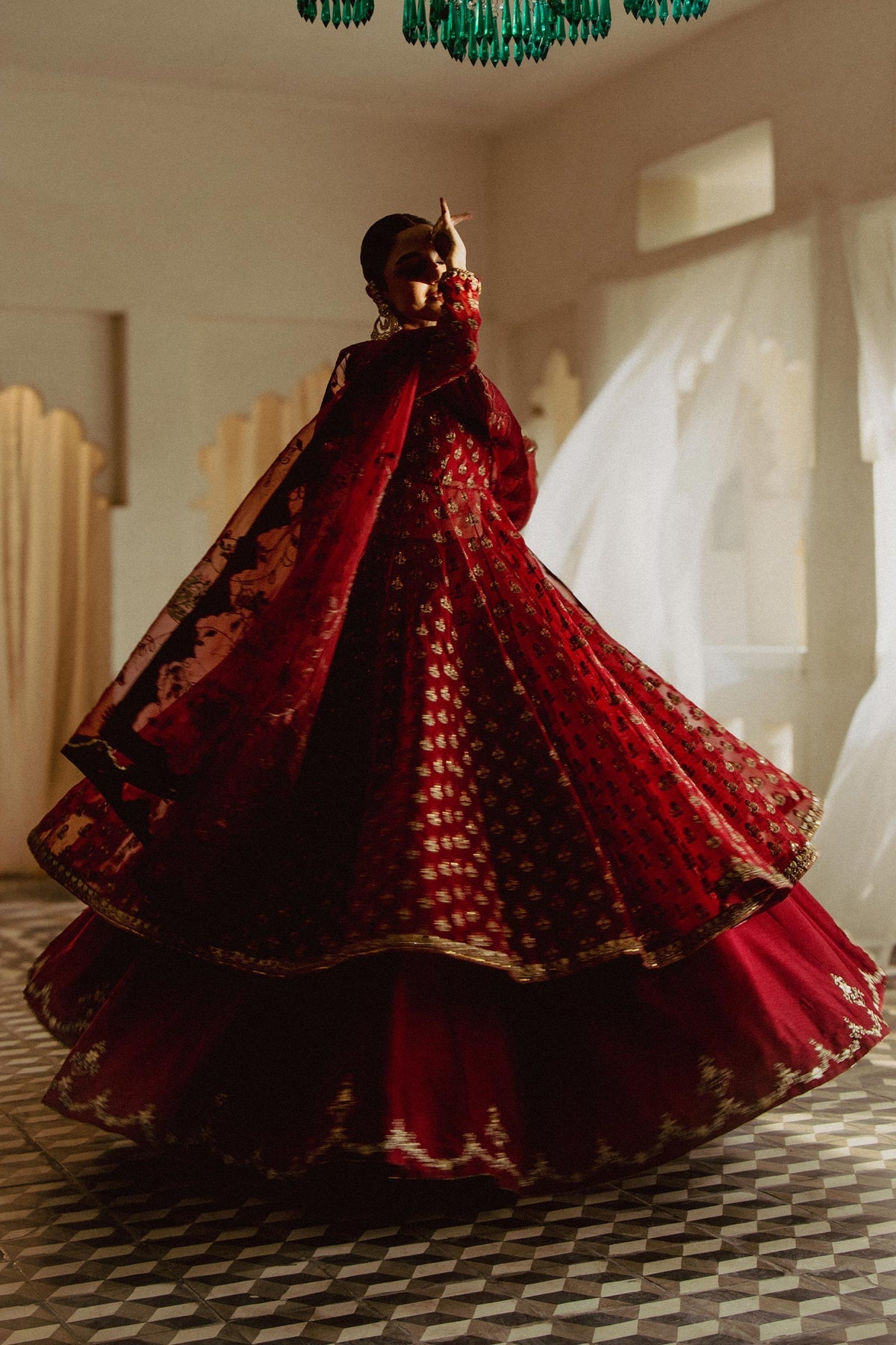 Red Lehenga and Pishwas Frock Pakistani Wedding Dress – Nameera by Farooq