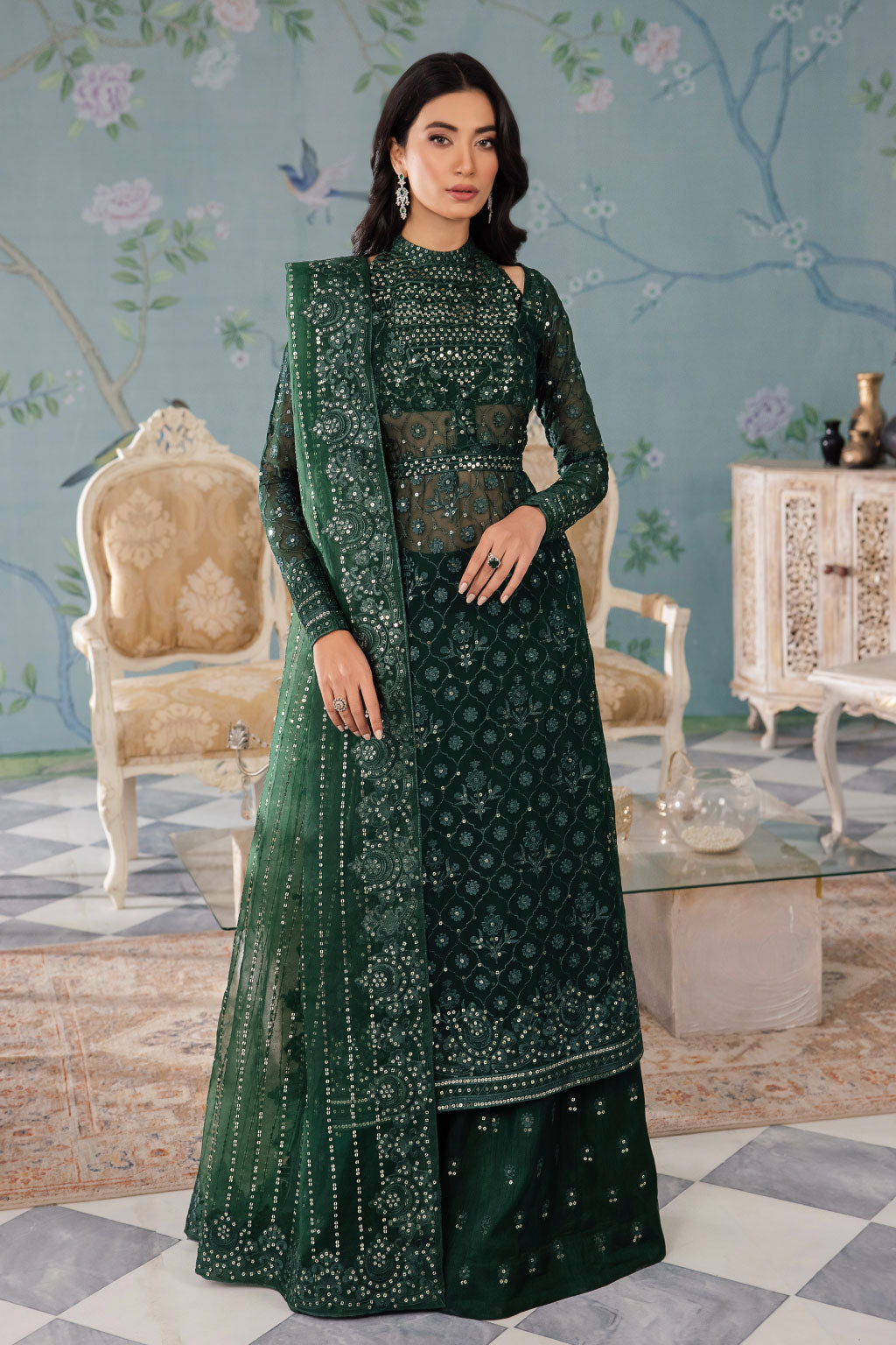 Luxury Bottle Green Pakistani Salwar Suit in Frock Style – Nameera by ...