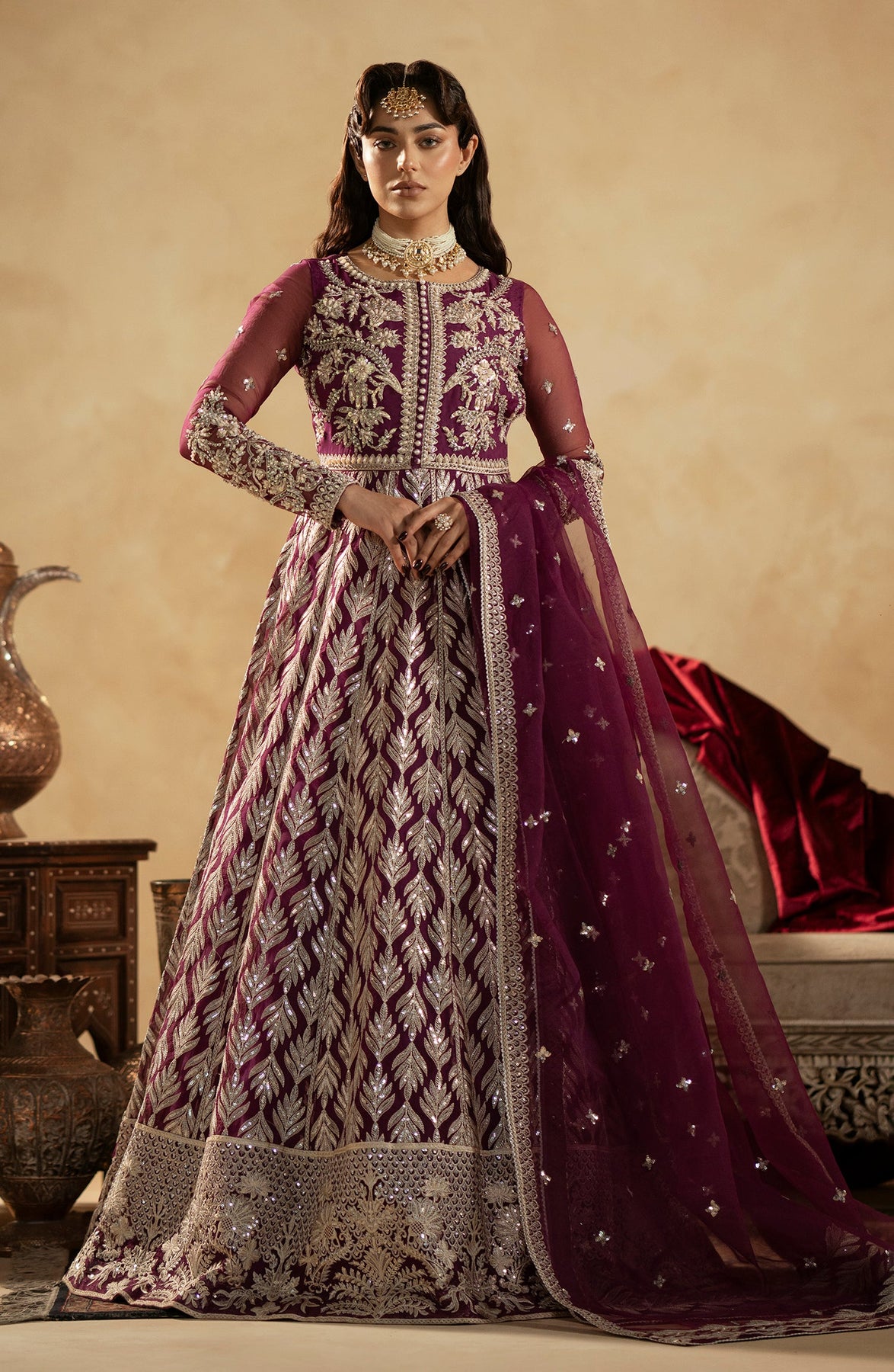 Magenta Shade Pakistani Wedding Dress Kalidar Pishwas – Nameera by Farooq