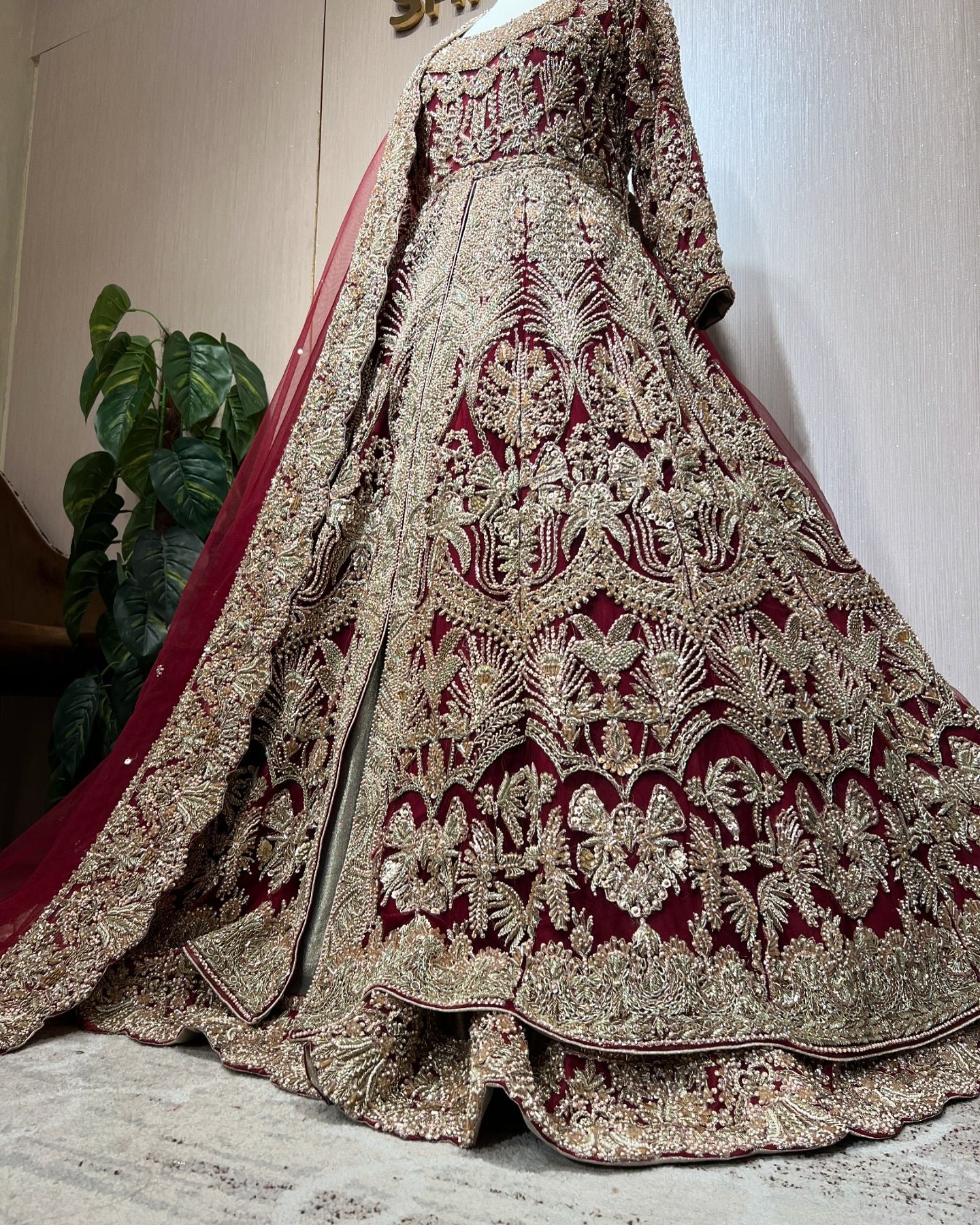 Luxury Red Pakistani Bridal Dress in Open Gown Style – Nameera by Farooq