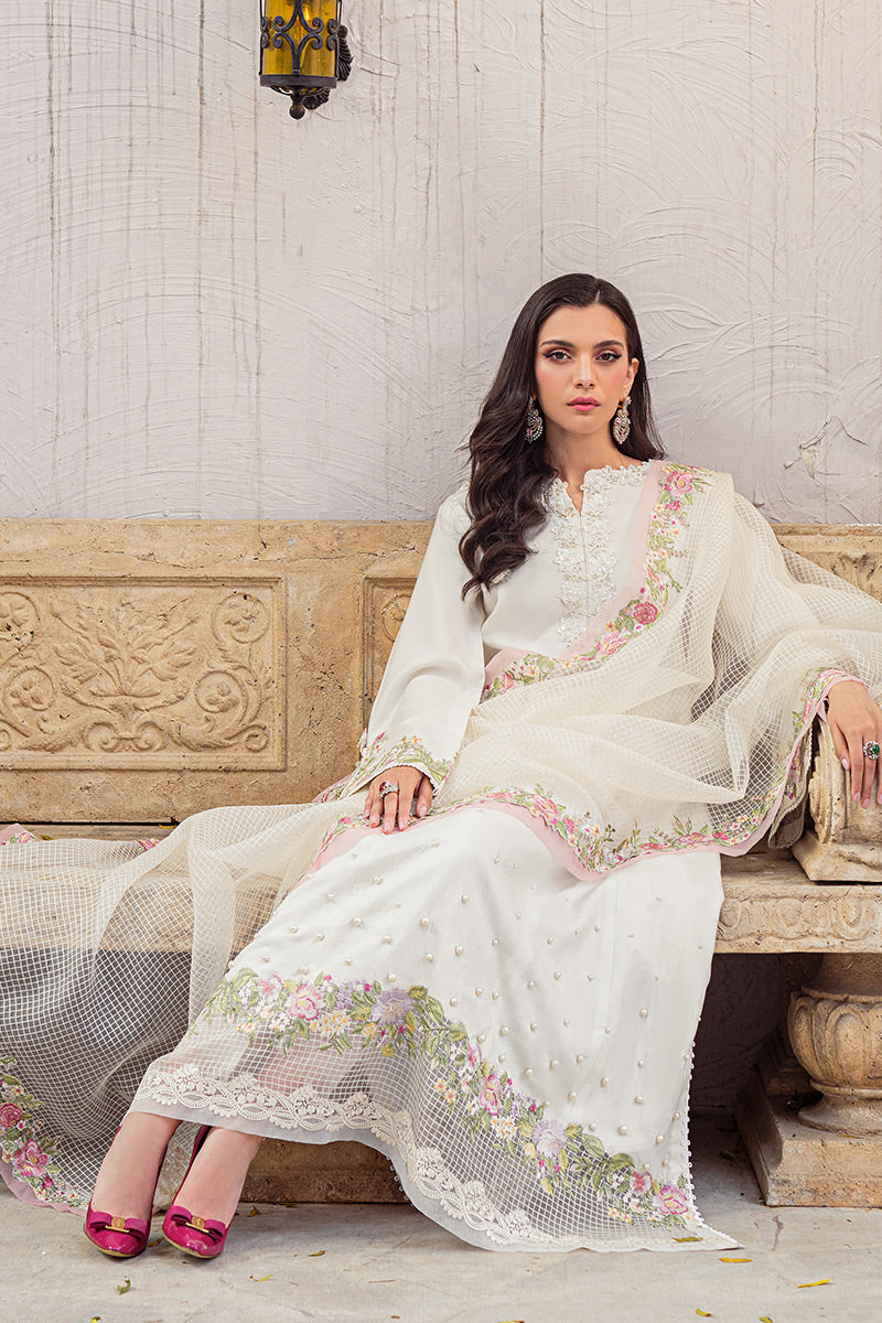 Luxury White Pakistani Salwar Kameez with Jacquard Dupatta – Nameera by ...