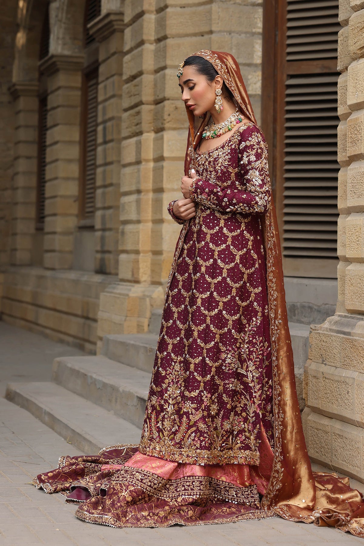Maroon Red Long Kameez Lehenga Pakistani Bridal Dresses – Nameera by Farooq