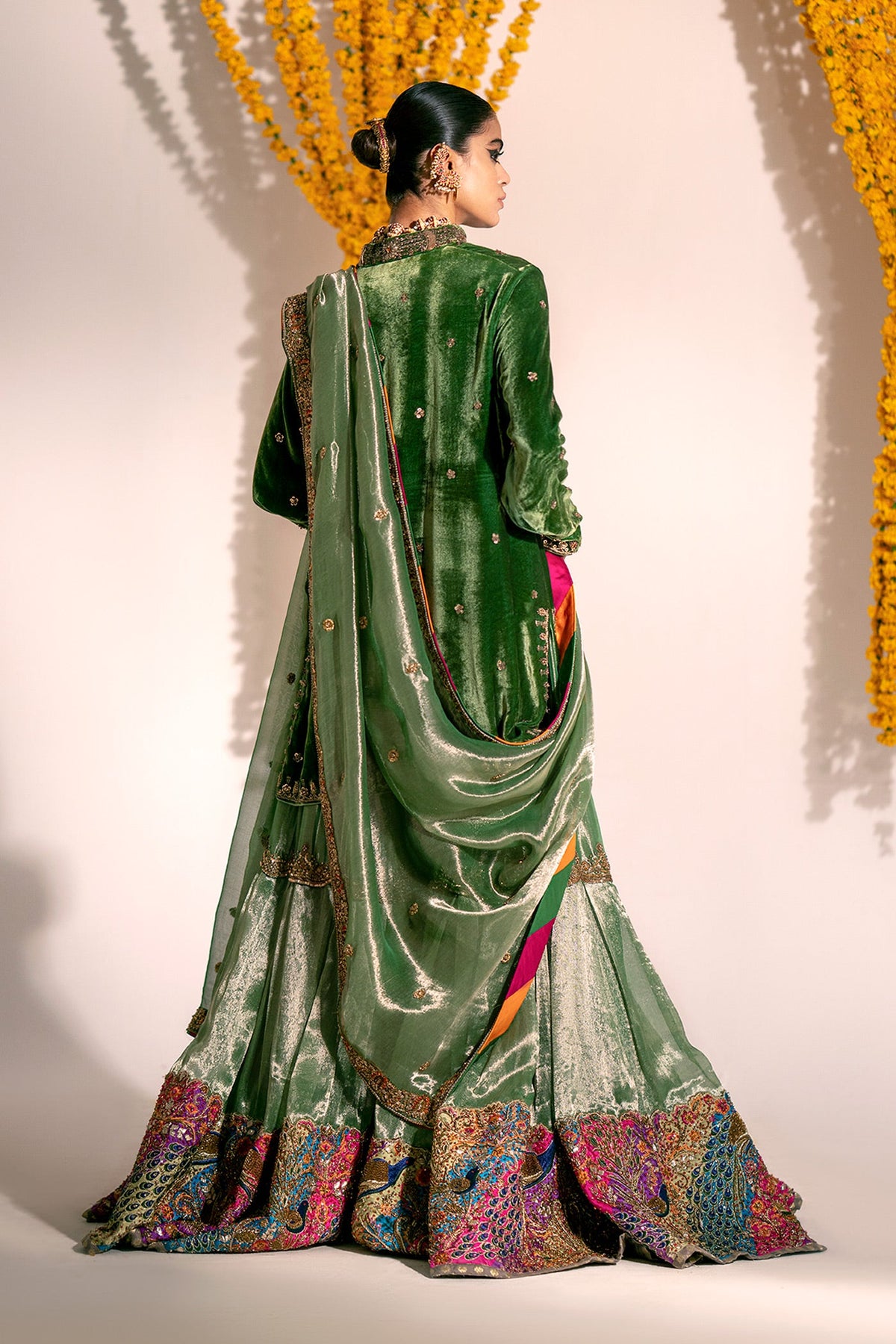 Green Mehndi Dress in Kameez Gharara and Dupatta Style – Nameera by Farooq