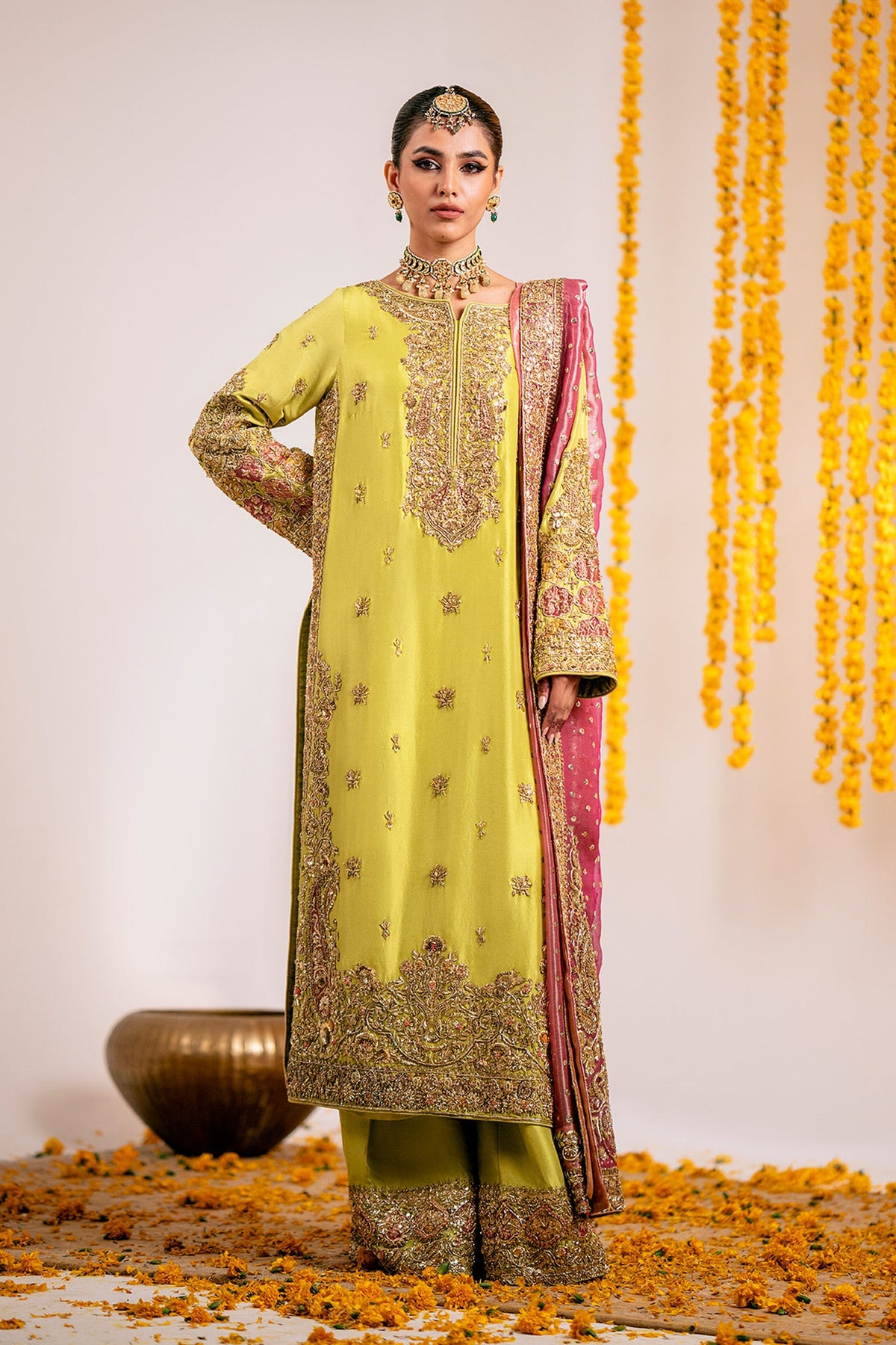 Yellow Mehndi Dress in Kameez Trouser Dupatta Style – Nameera by Farooq