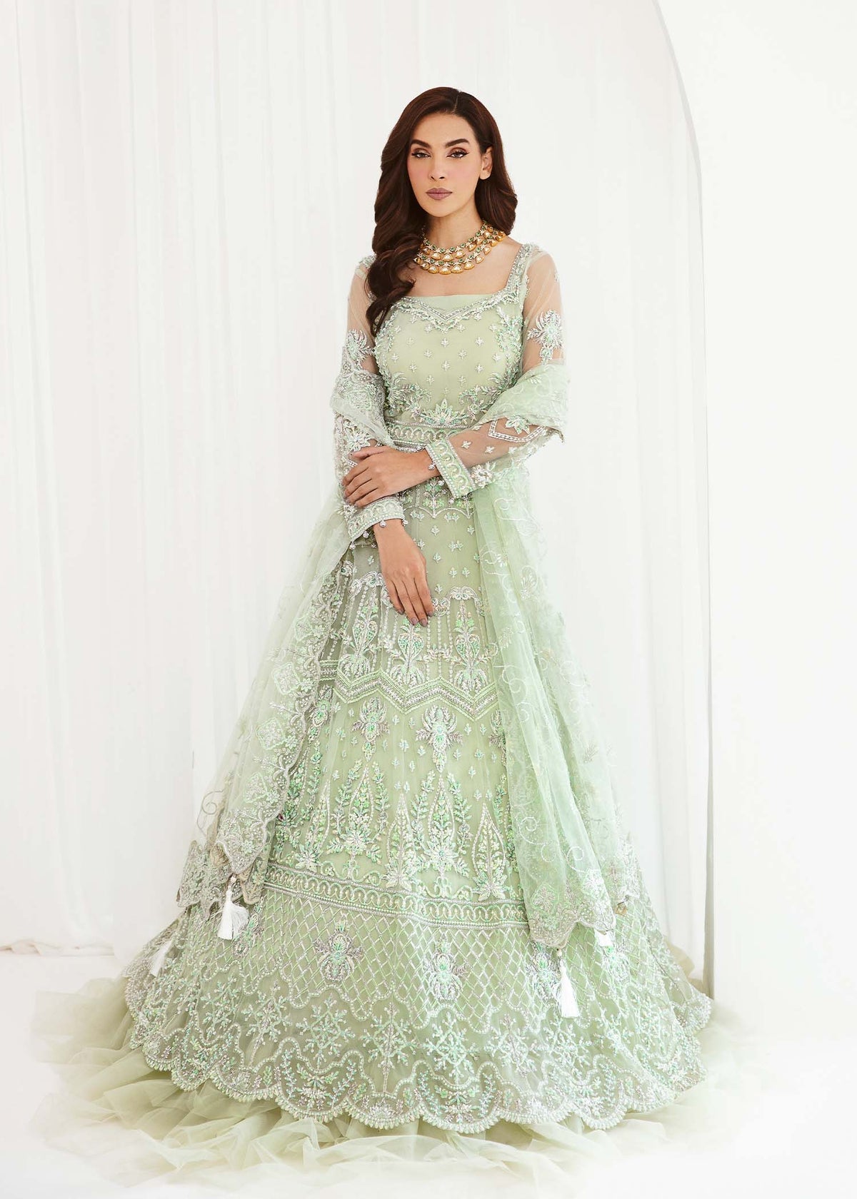 Mint Green Huge Flare Pishwas Pakistani Wedding Dress – Nameera by Farooq