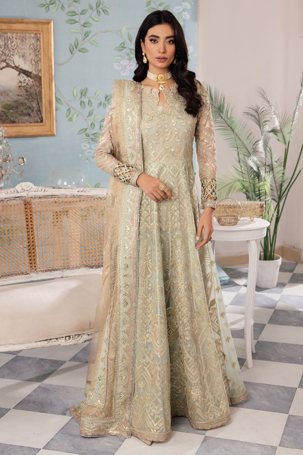 Mint Green Shade Gold Pakistani Wedding Dress Pishwas – Nameera by Farooq
