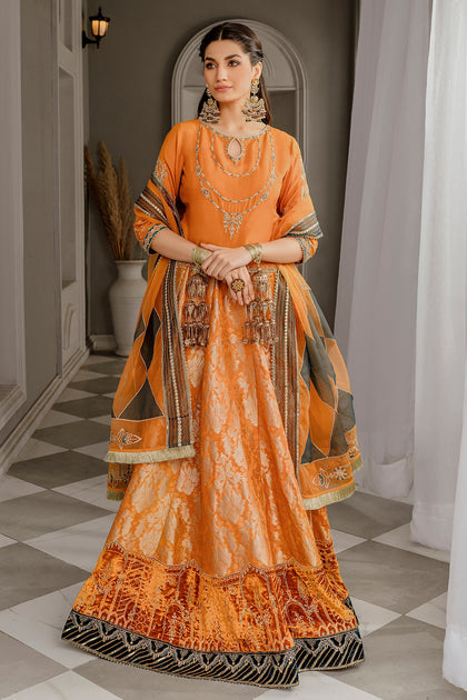 Mustard Orange Embroidered Pakistani Pishwa Party Dress – Nameera by Farooq