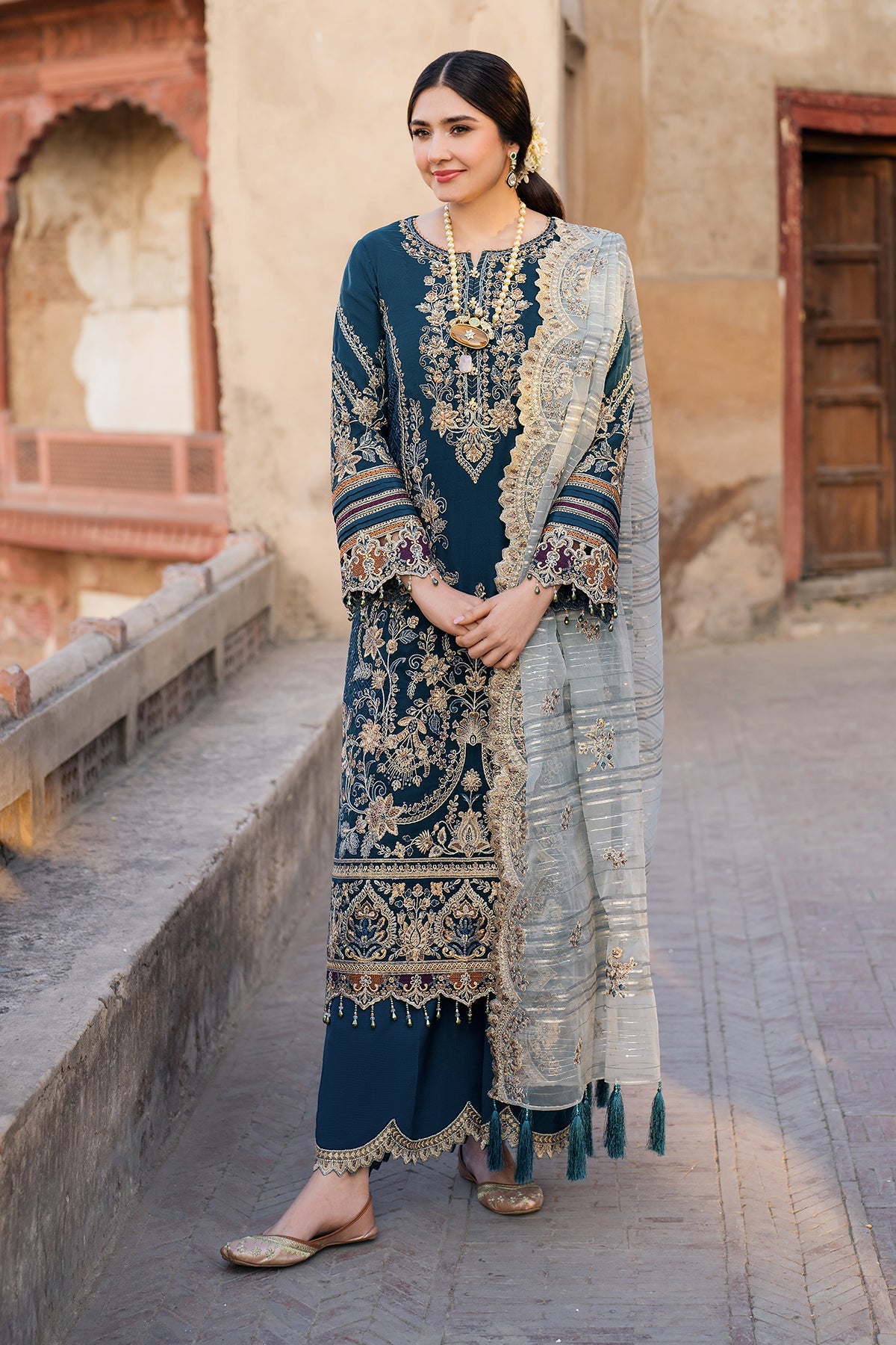 Navy Blue Pakistani Salwar Kameez with Organza Dupatta – Nameera by Farooq