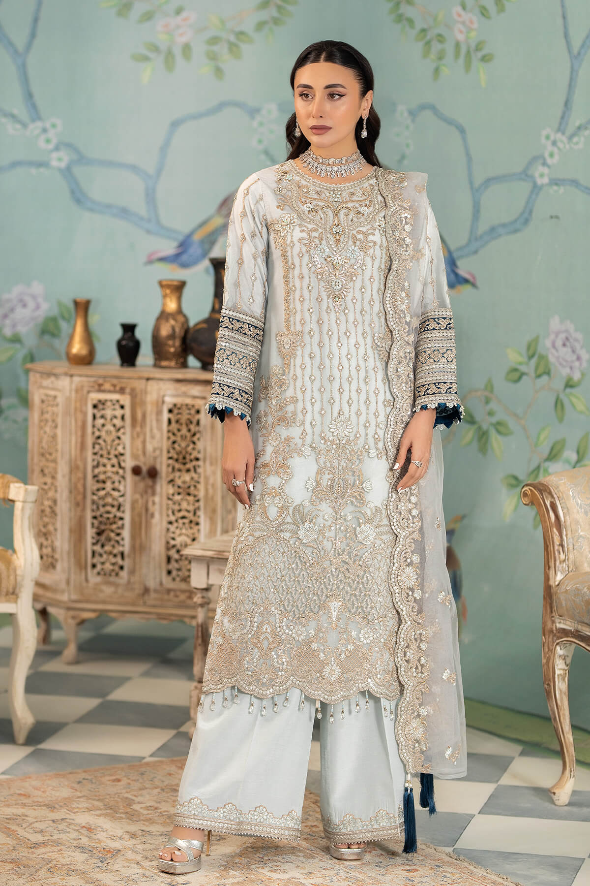Net Kameez and Raw Silk Trouser Pakistani Party Dress – Nameera by Farooq