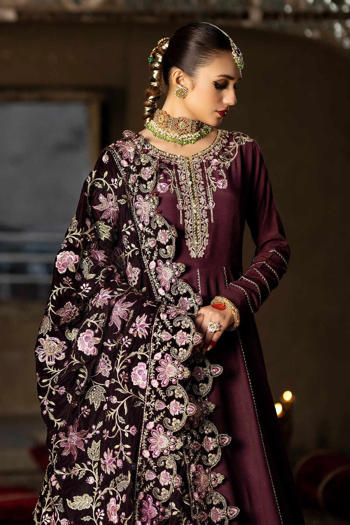 Burgundy Shade Pakistani Wedding Dress Pishwas Frock – Nameera by Farooq