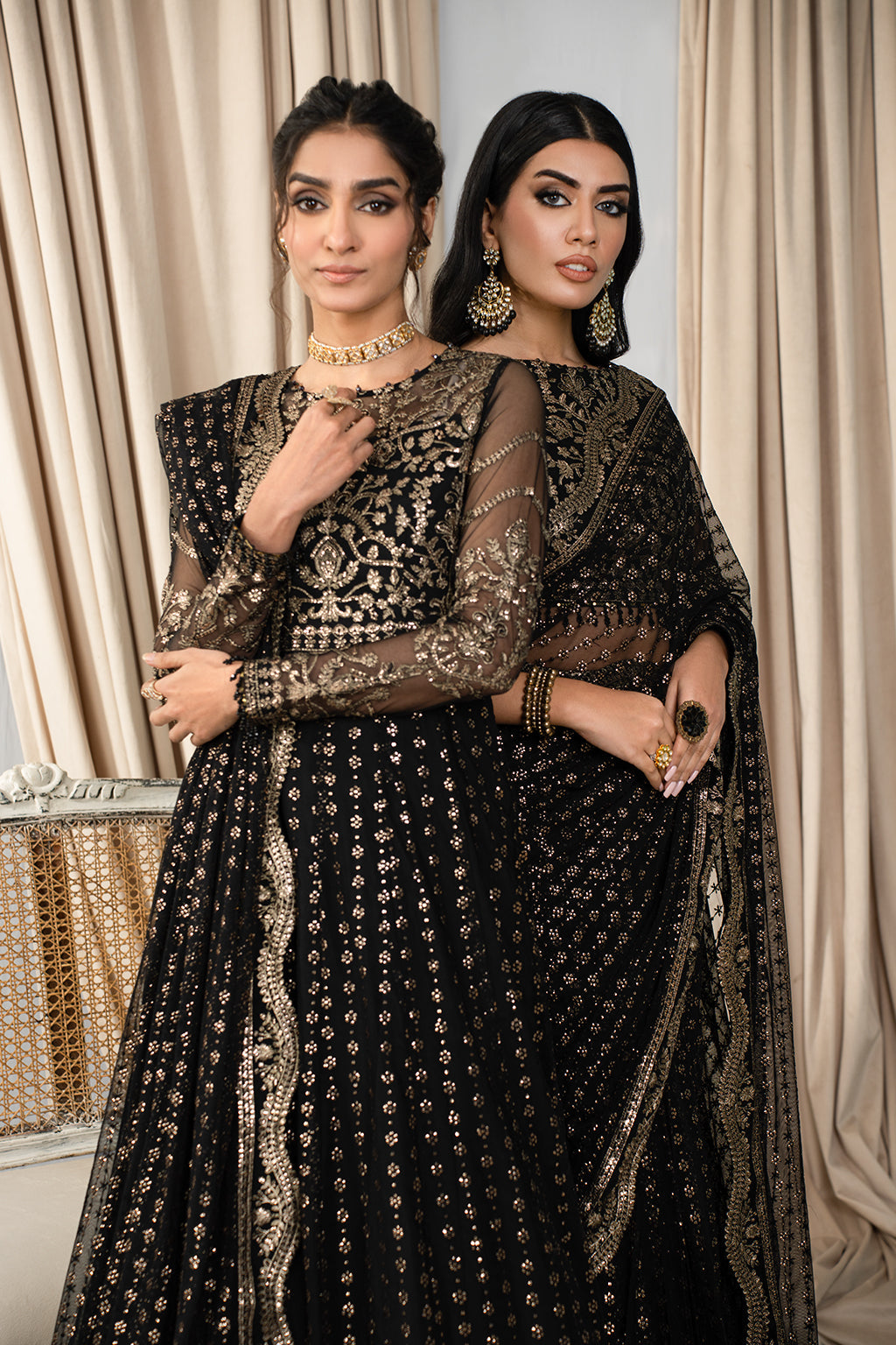Classic Black Pakistani Party Wear Long Frock Dupatta – Nameera by Farooq