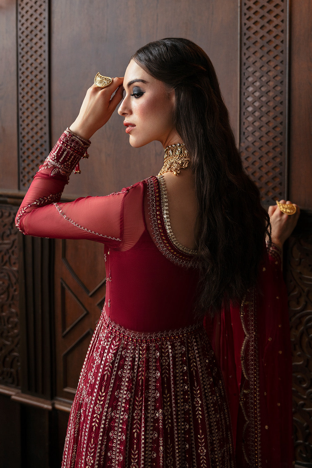 Classic Red Pakistani Wedding Dress in Pishwas Style – Nameera by Farooq