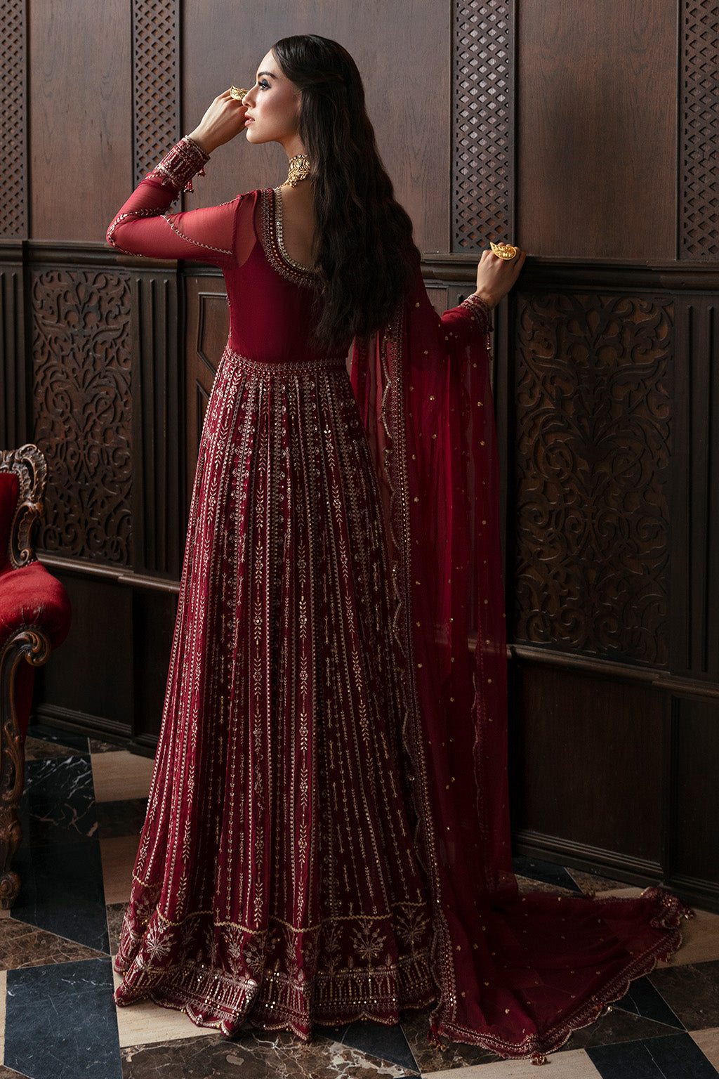 Classic Red Pakistani Wedding Dress in Pishwas Style – Nameera by Farooq