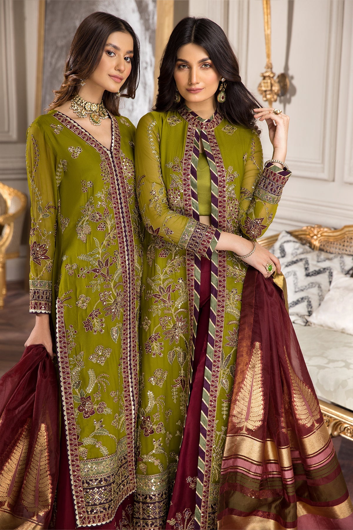 Classic Mehndi Pakistani Embroidered Gown Wedding Dress – Nameera by Farooq
