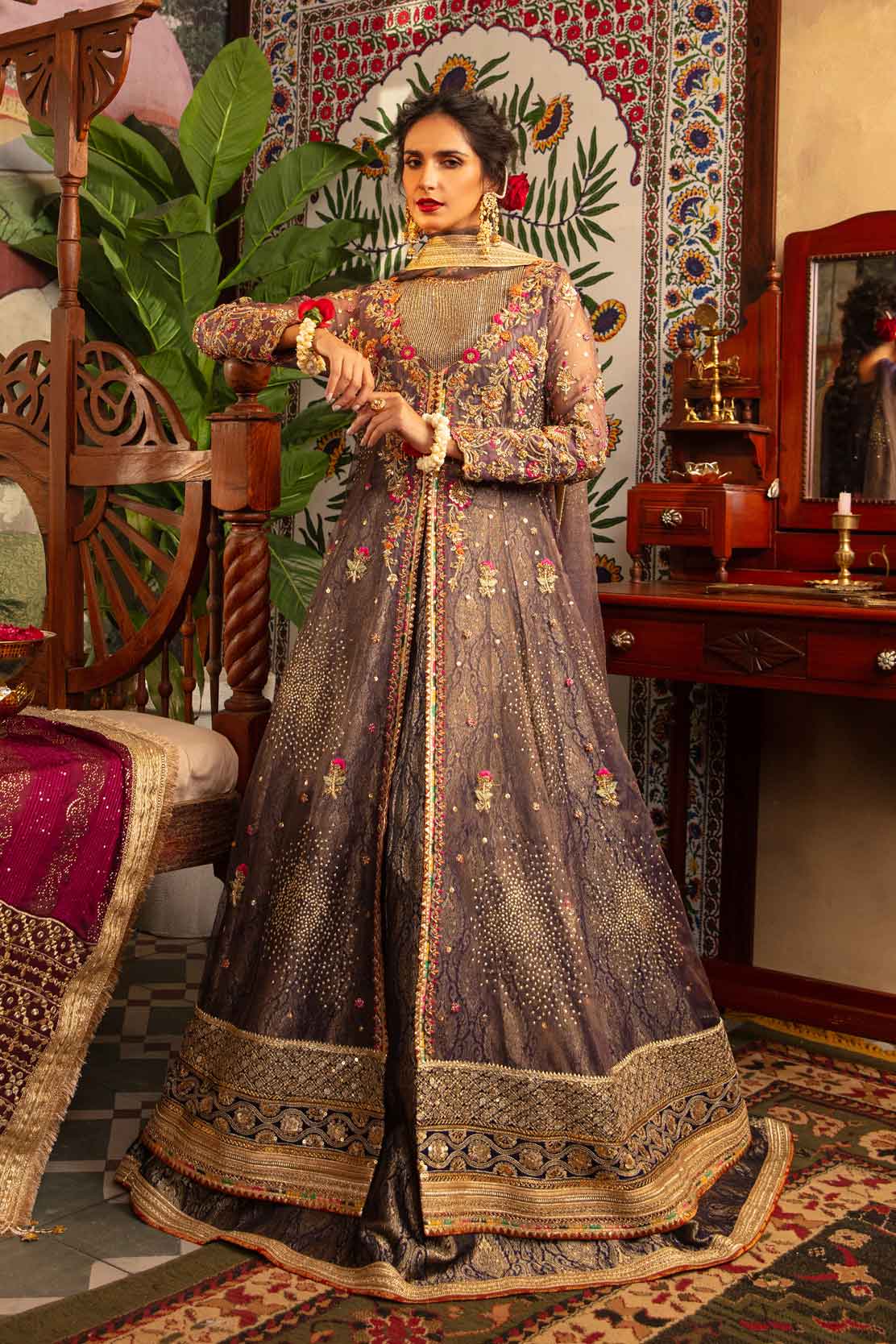 Elegant Plum Pakistani Wedding Dress Kalidar Pishwas – Nameera by Farooq