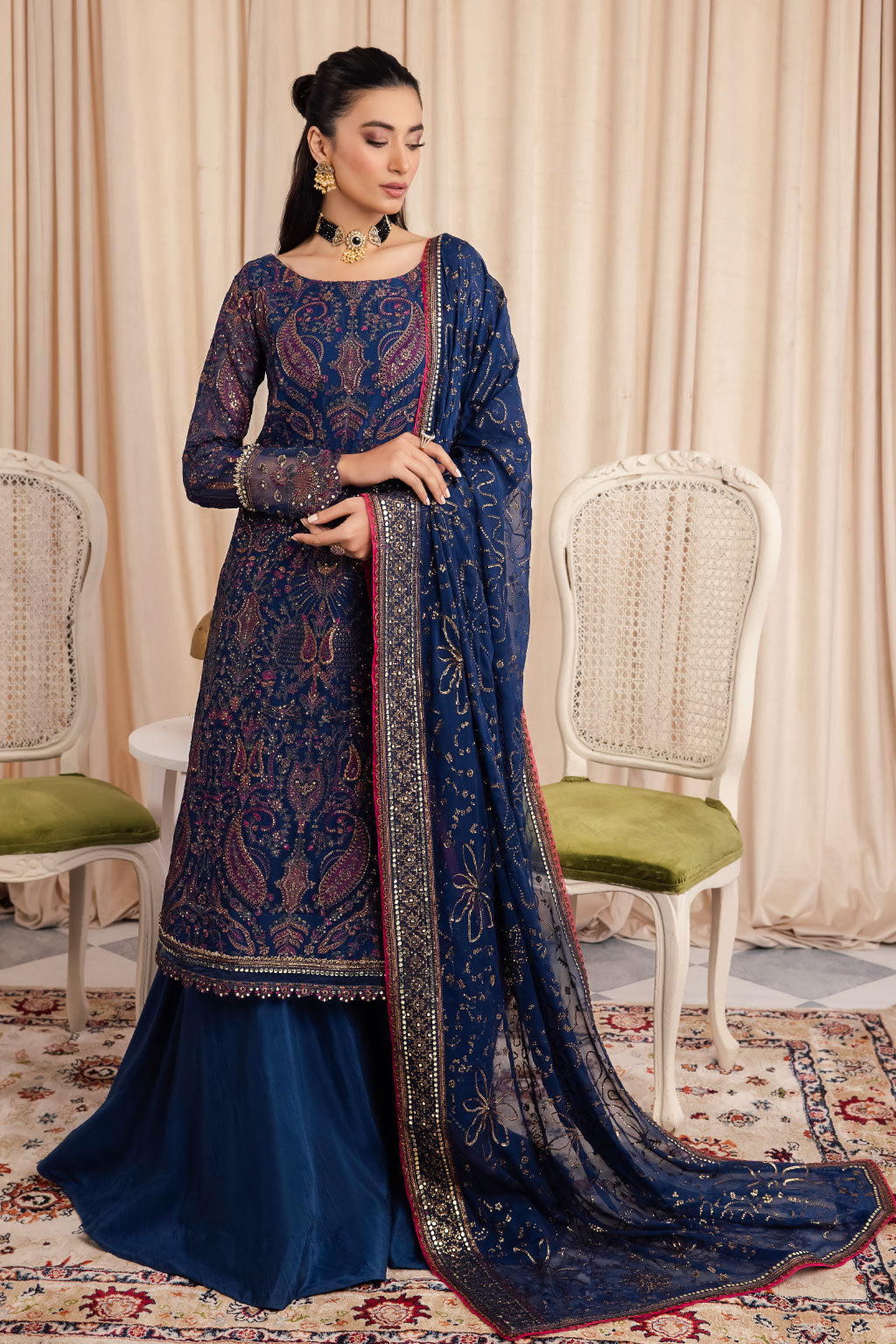 Elegant Royal Blue Pakistani Salwar Suit Kameez Palzo – Nameera by Farooq