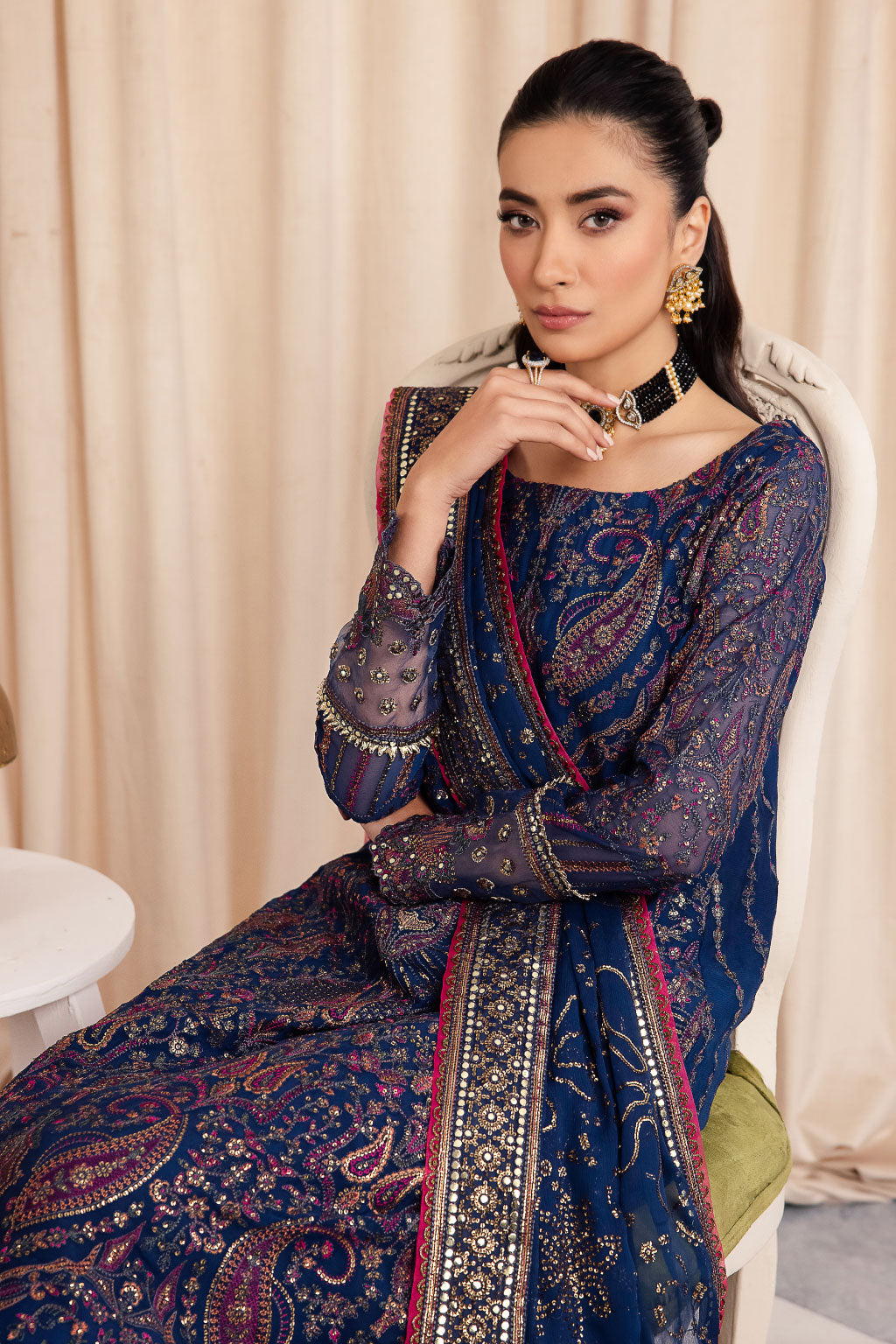 Elegant Royal Blue Pakistani Salwar Suit Kameez Palzo – Nameera by Farooq