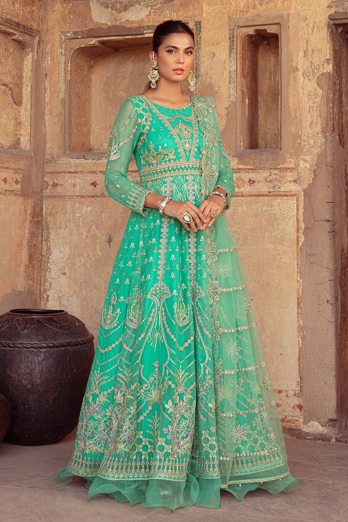 Ferozi Pakistani Wedding Dress in Kalidar Pishwas Style – Nameera by Farooq
