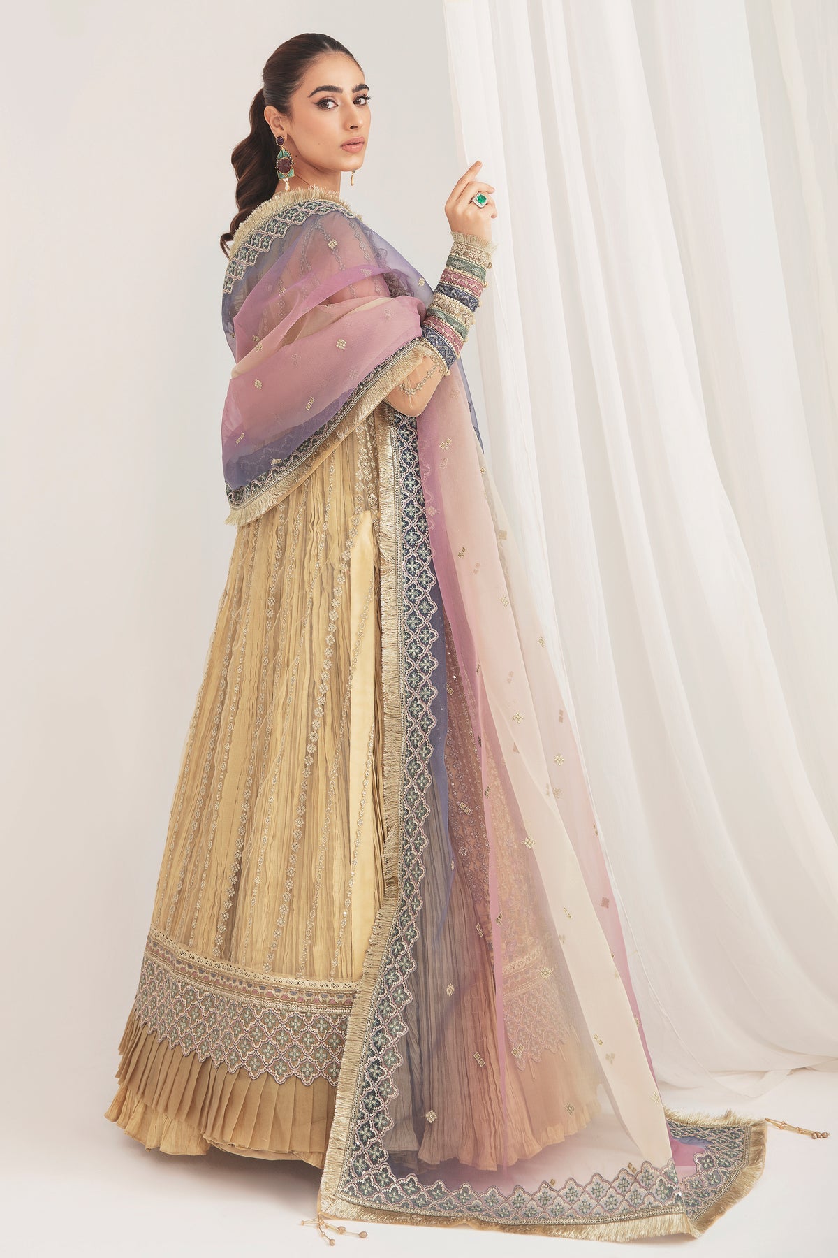 Golden Heavily Embroidered Pakistani Flared Frock Dupatta – Nameera by ...