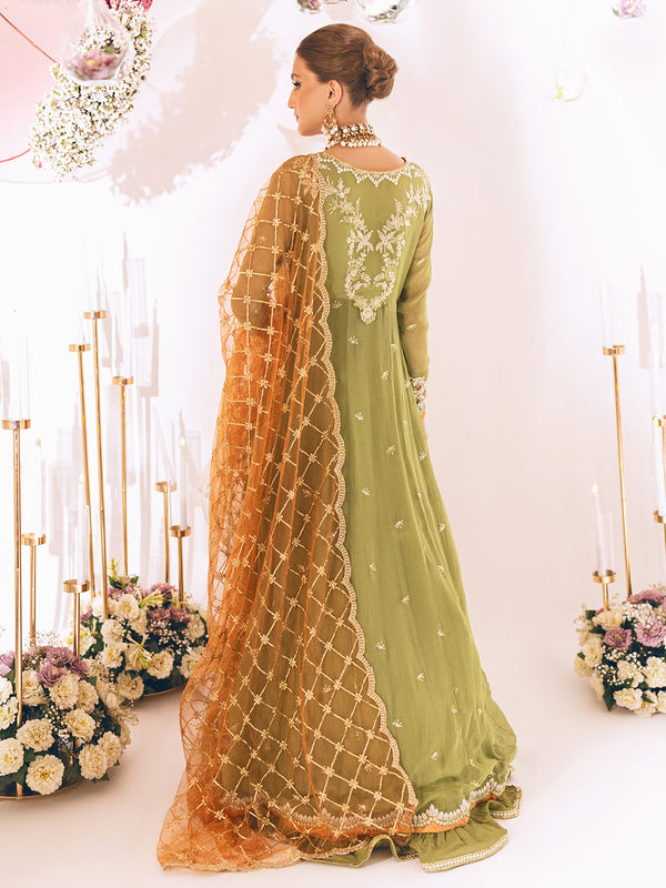 Classic Pakistani Wedding Dress in Mehndi Green Pishwas – Nameera by Farooq