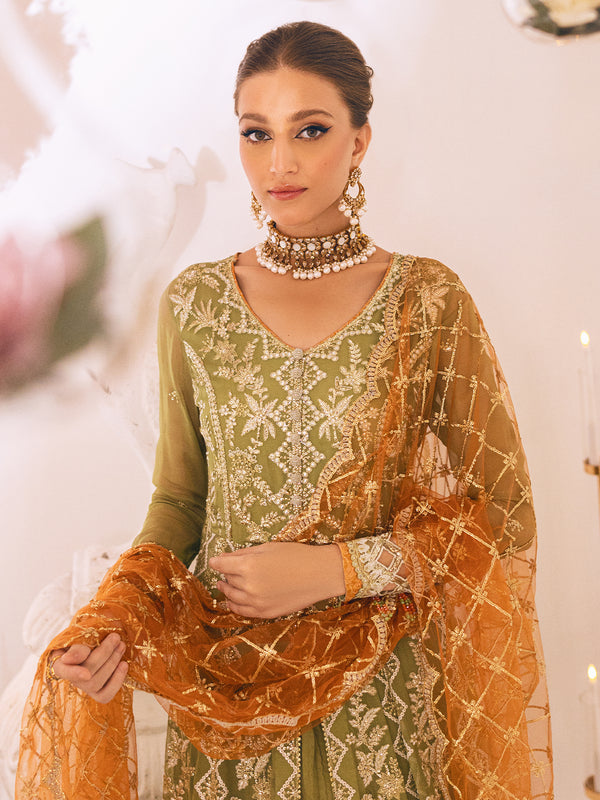 Classic Pakistani Wedding Dress in Mehndi Green Pishwas – Nameera by Farooq